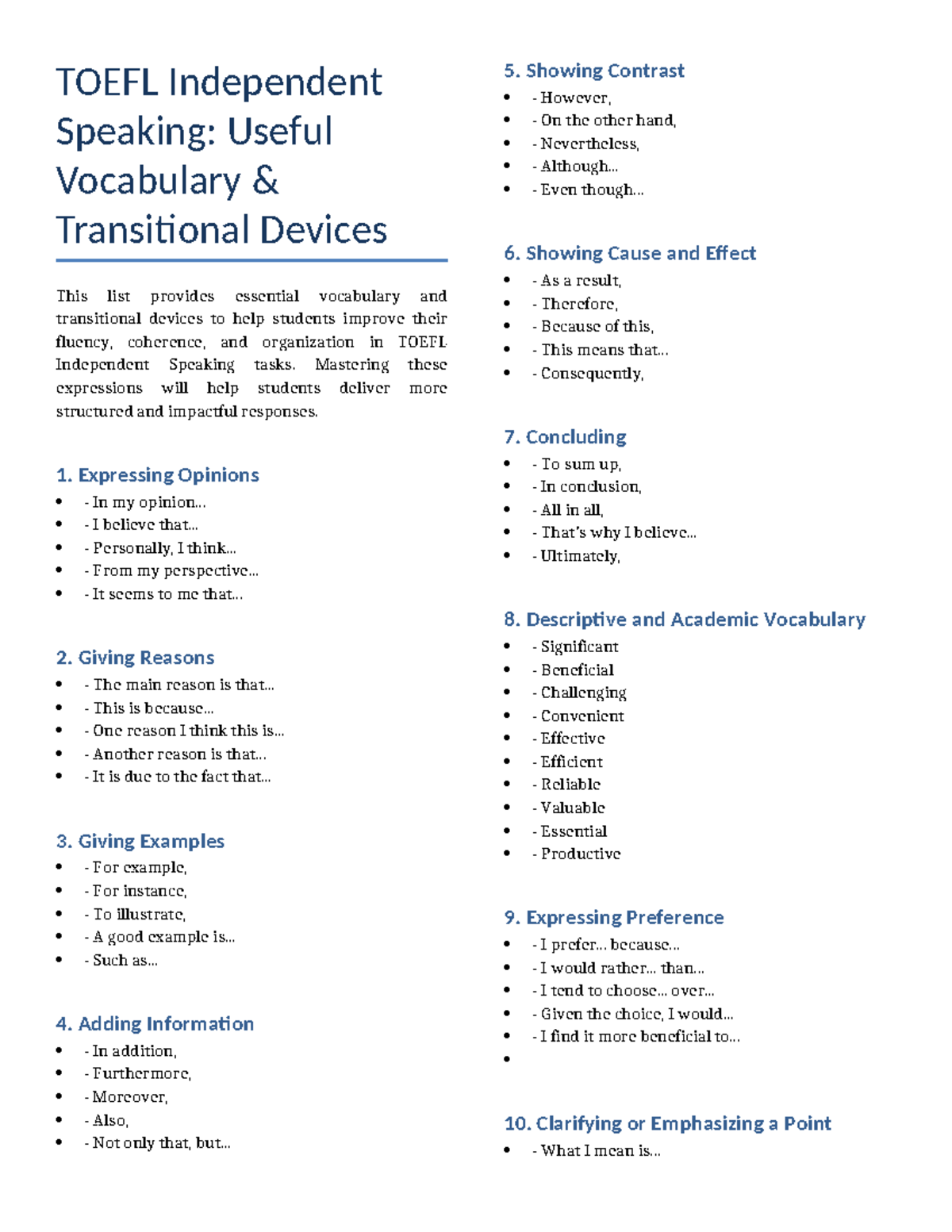 TOEFL Independent Speaking: Expanded Vocabulary List - Studocu