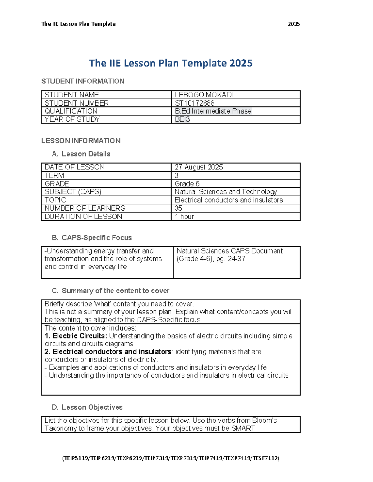 IIE Lesson Plan Template 2025: Grade 6 Natural Sciences Lesson - Studocu