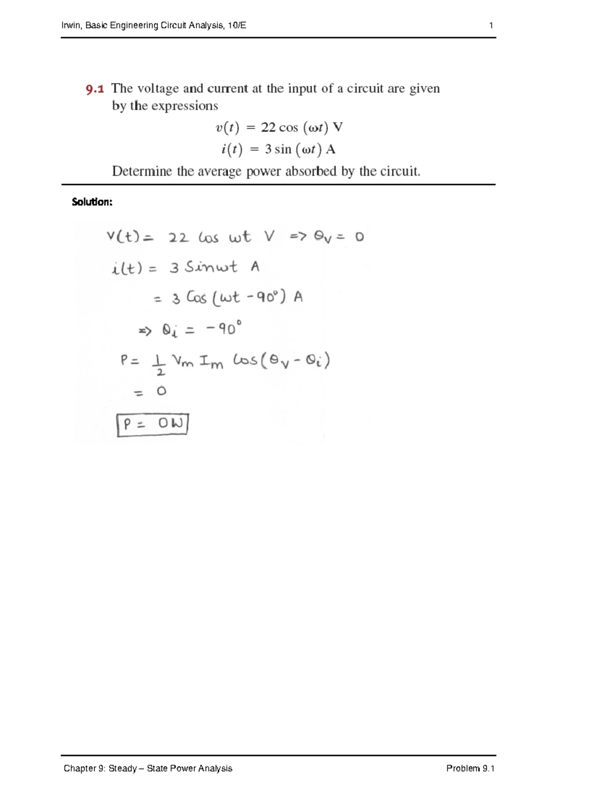 Solution ch9-ECCE3016 - 2 Irwin, Basic Engineering Circuit Analysis, 10/E SOLUTION: Chapter 9 ...