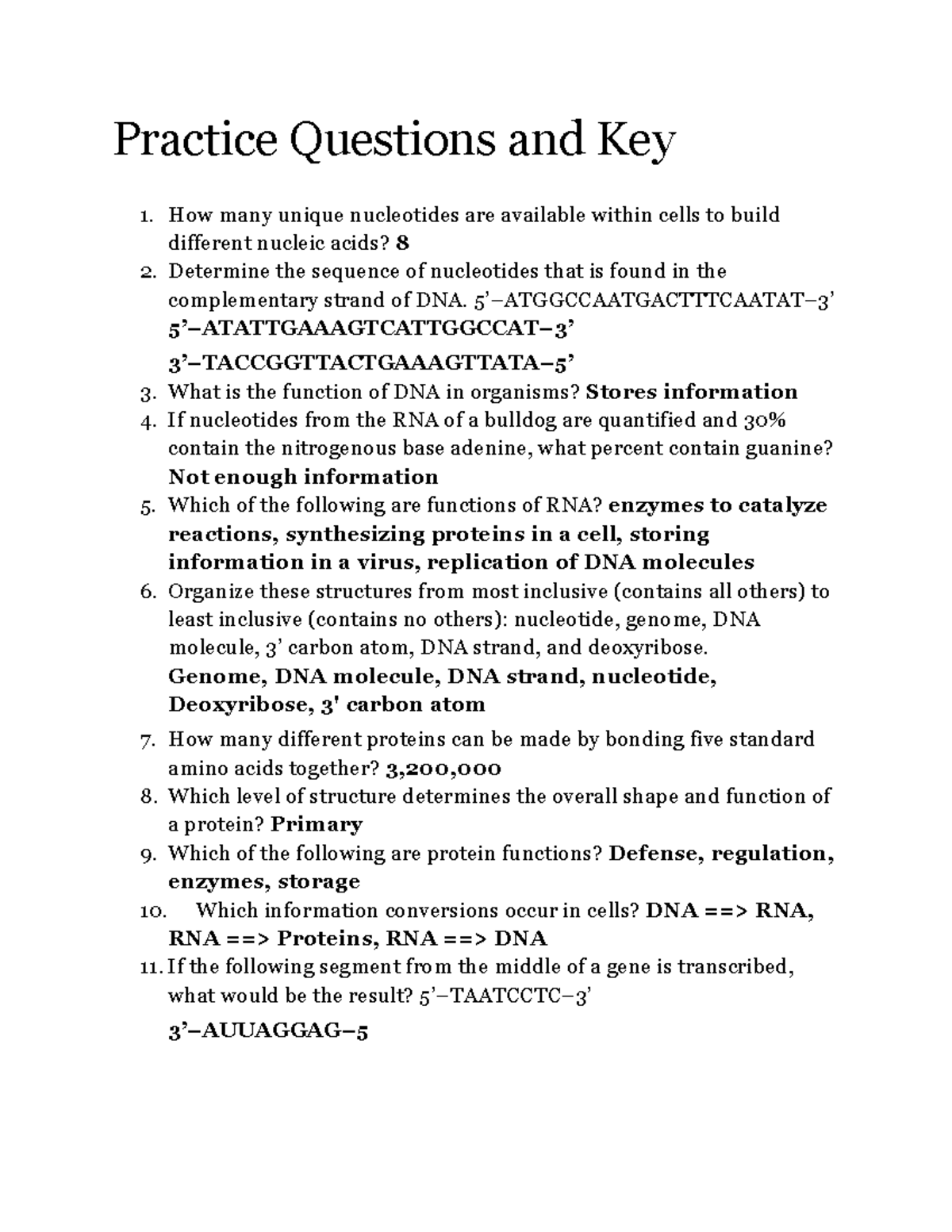 Unit 1 BIO 101 In-Class Practice Questions on Nucleic Acids and ...