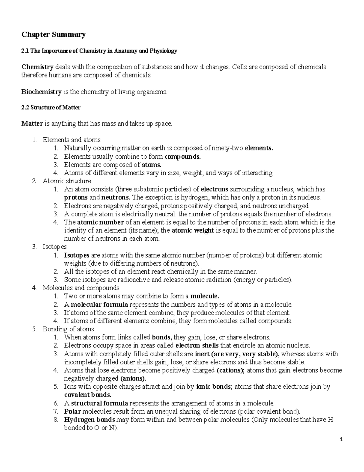 Chapter 2 Summary: The Role of Chemistry in Anatomy & Physiology - Studocu