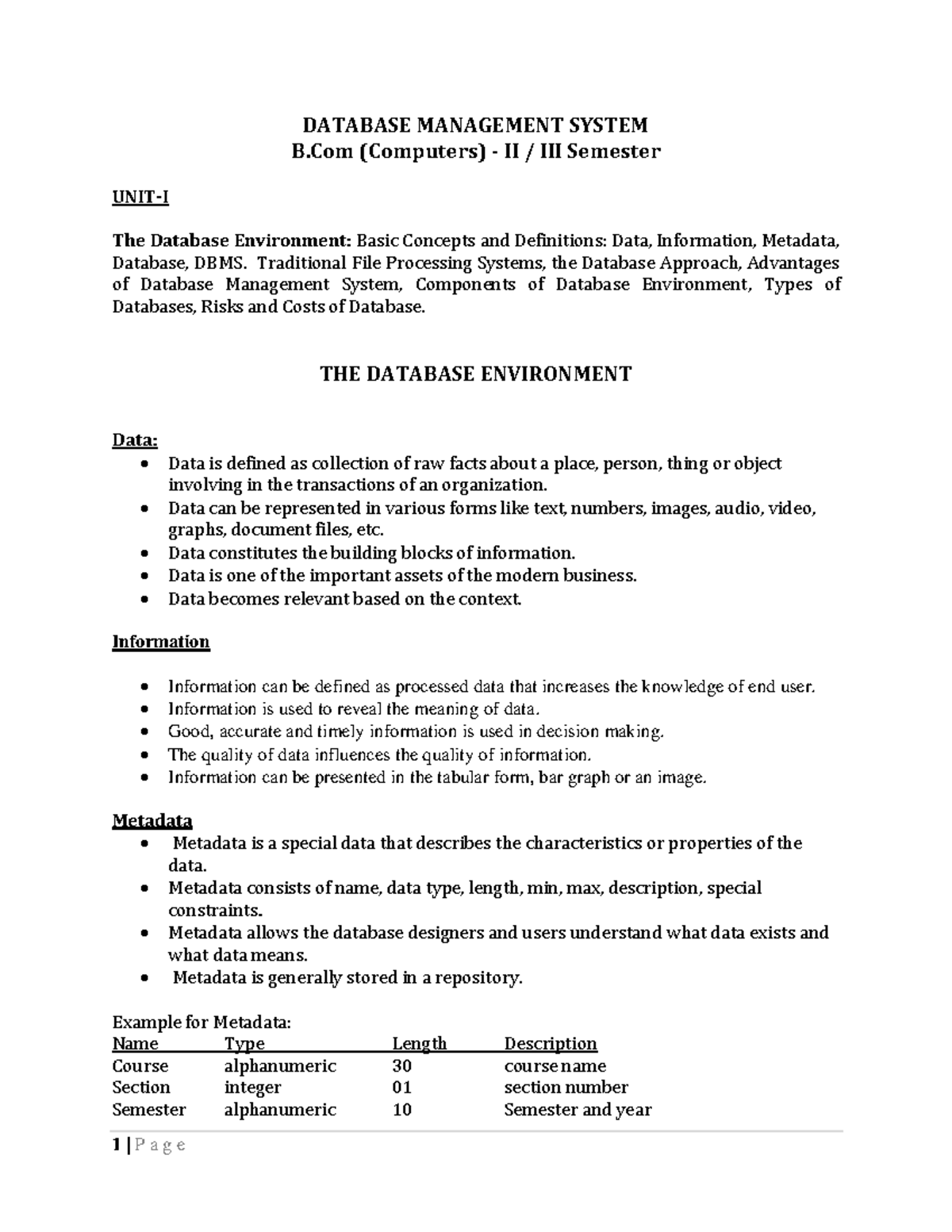 Database Management System Study Note Naterls - 1 | P a g e DATABASE ...