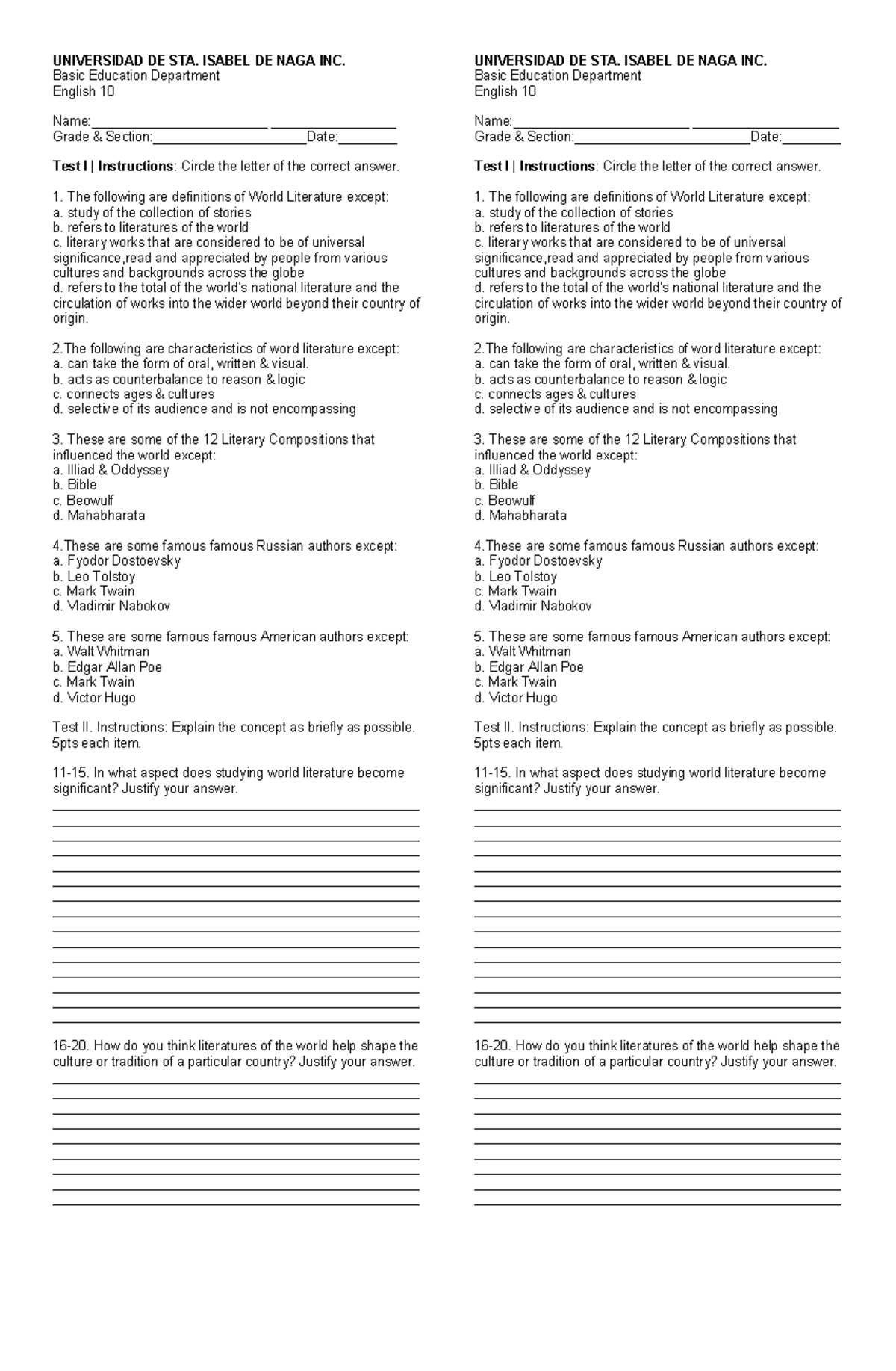 English 10 world lit quiz 1 - UNIVERSIDAD DE STA. ISABEL DE NAGA INC ...