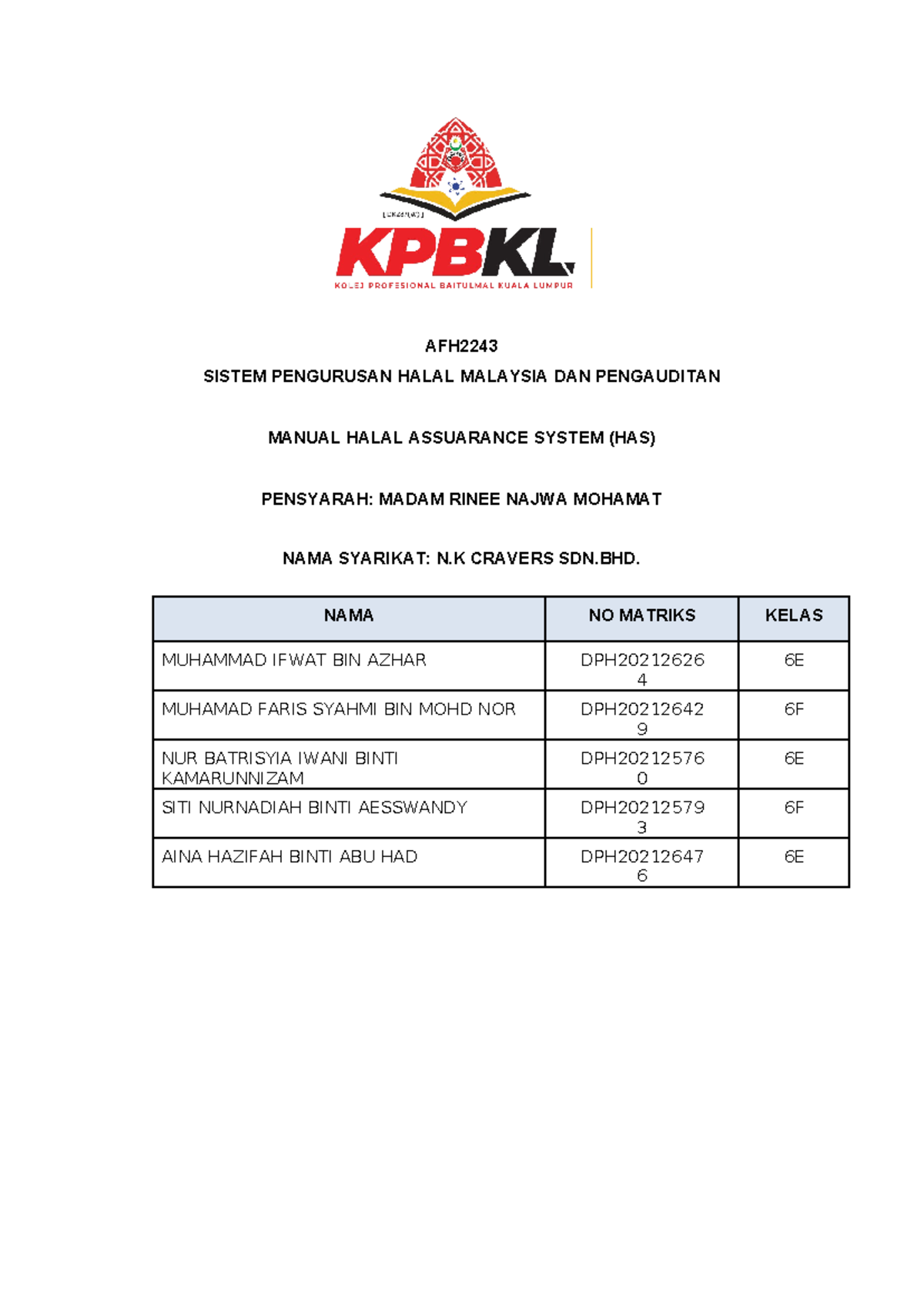 Manual Sistem Pengurusan Halal (HAS) untuk N.K. Cravers - Studocu