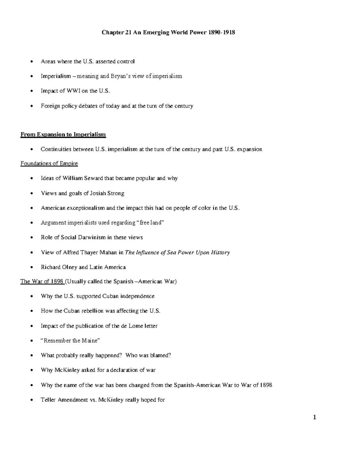 Chapter 21 - notes - Chapter 21 An Emerging World Power 1890- 1918 ...