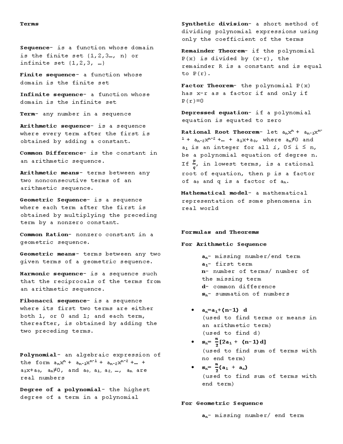 Grade 10 Quarter 1 - Math Concepts and Formulas Summary - Studocu