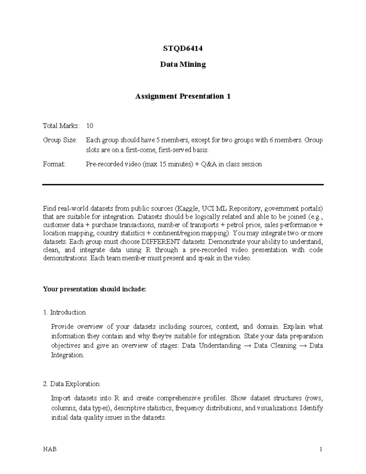 STQD6414 Data Mining Assignment Presentation 1 Guidelines - Studocu