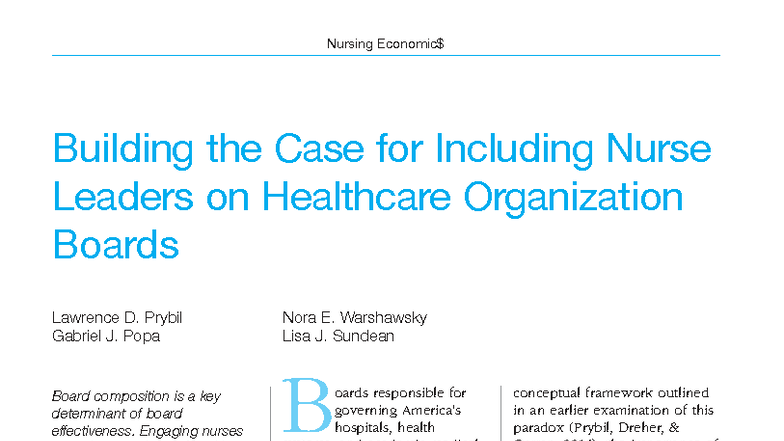 Nursing 2019: The Case for Nurse Leaders on Healthcare Boards - Studocu