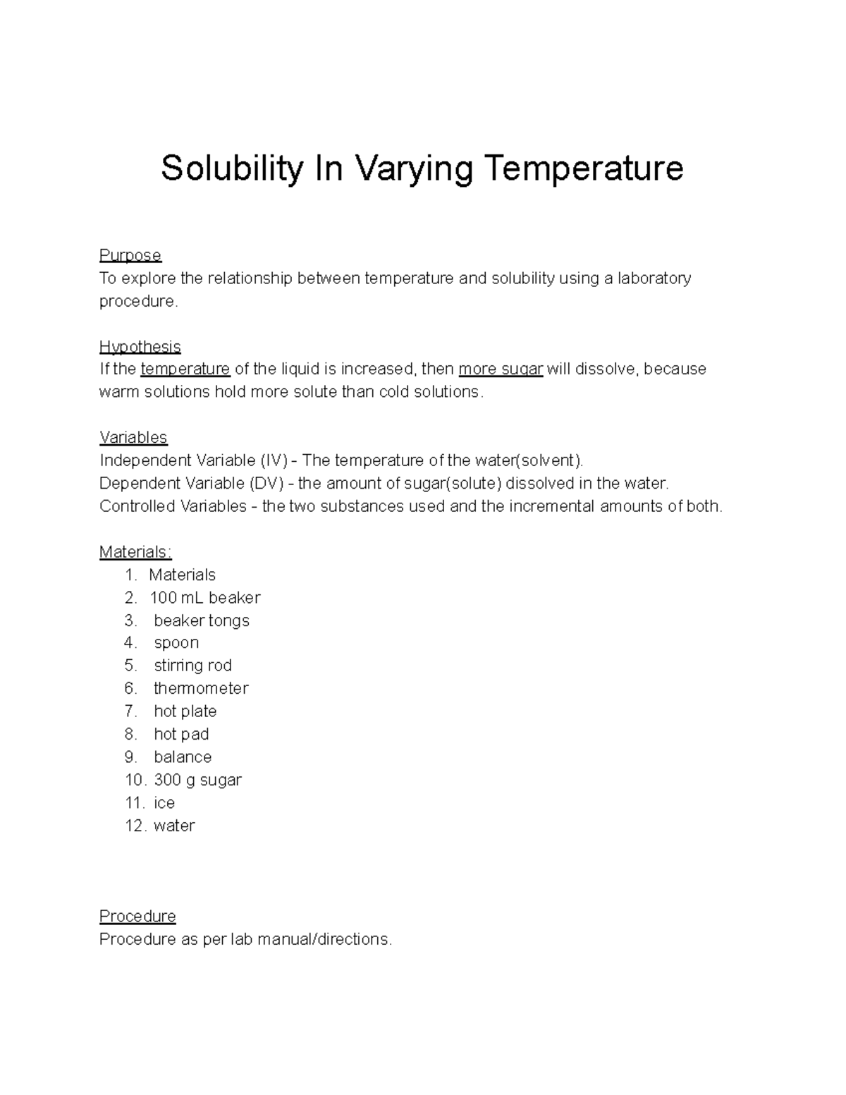 Solubility Lab Report Template - Solubility In Varying Temperature ...