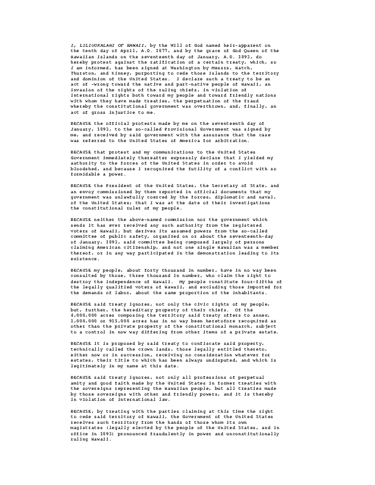 Protest Against the Annexation of Hawaii by Queen Liliuokalani (1897 ...