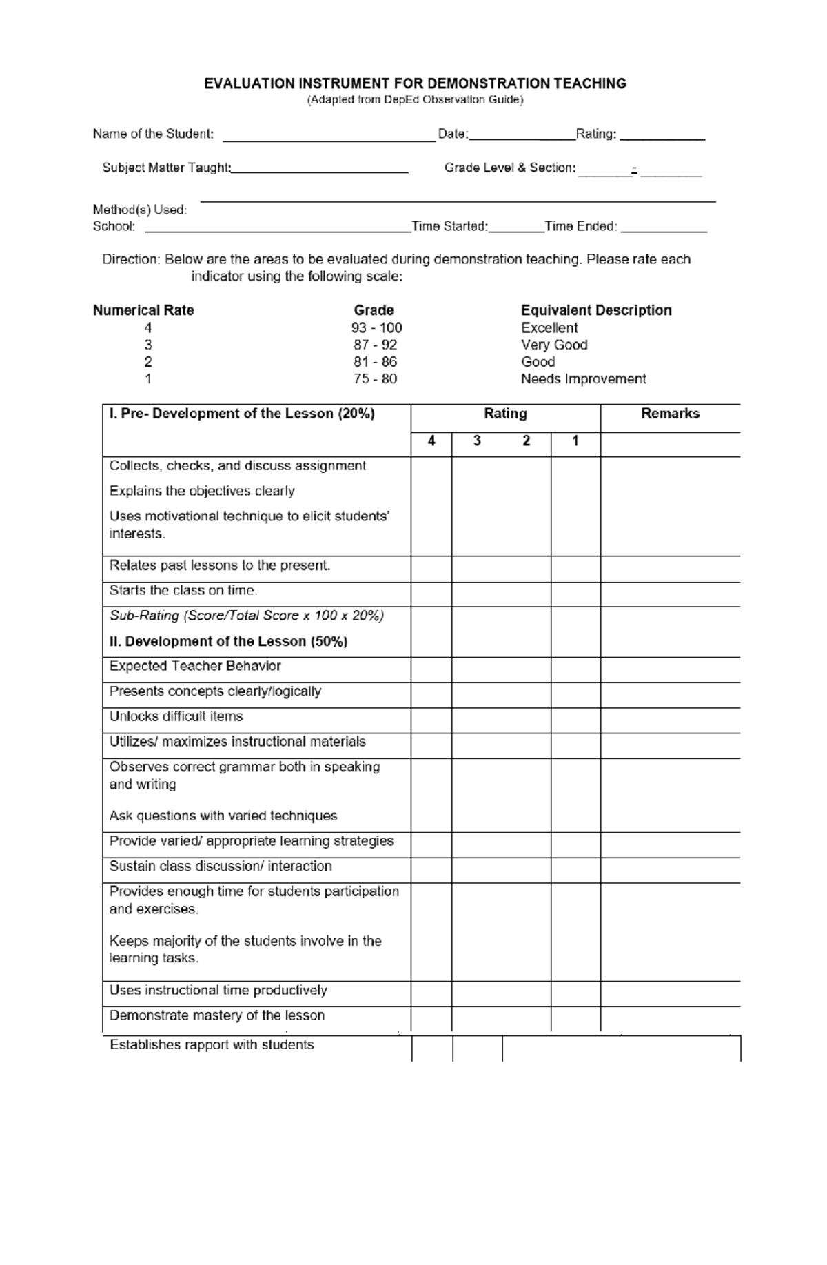EVALUATION INSTRUMENT FOR DEMO TEACHING (DepEd Guide) - Studocu
