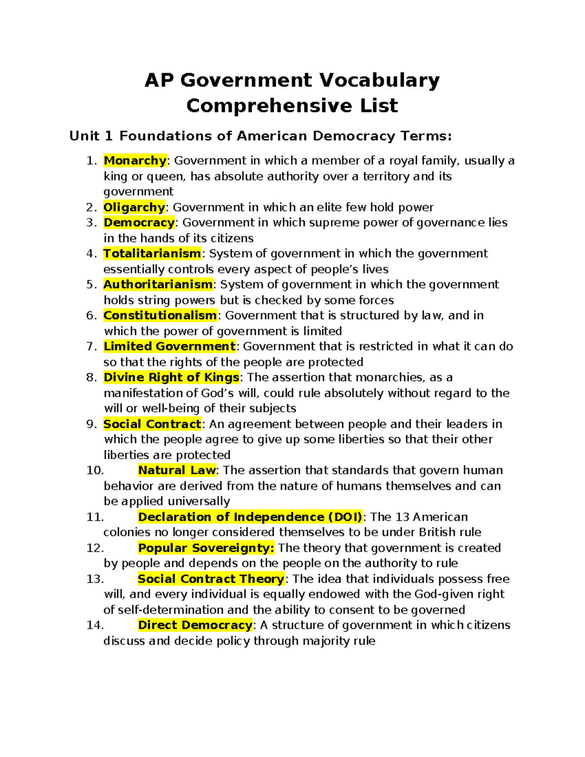 Hayden AP Gov Vocabulary: Key Terms for Understanding American ...