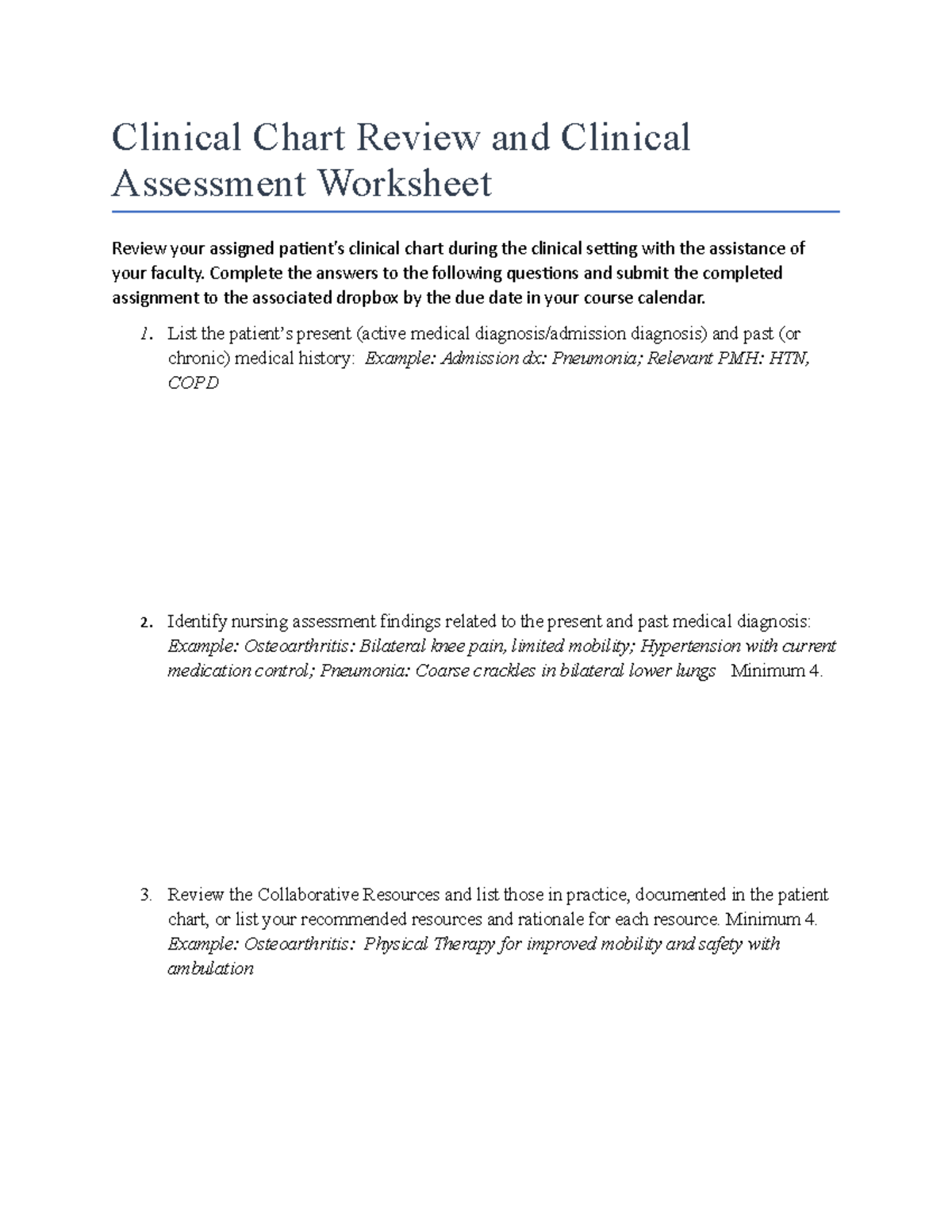 Clinical Chart Review and Clinical Assessment Worksheet - Clinical ...