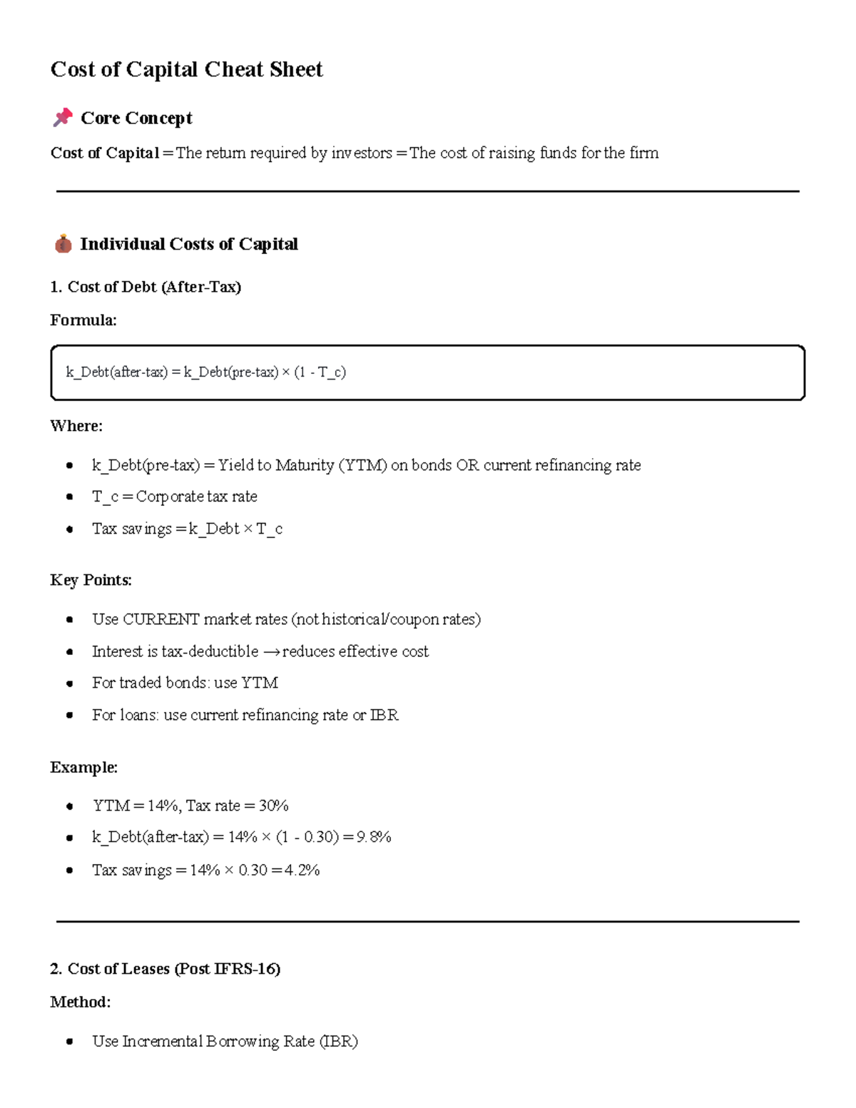 Cost of Capital Cheat Sheet: Key Concepts & Formulas - Studocu