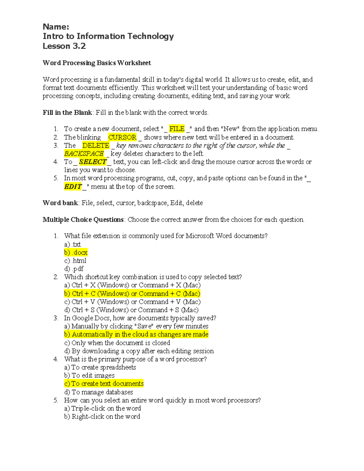 IT101: Word Processing Basics - Lesson 3.2 Worksheet - Studocu