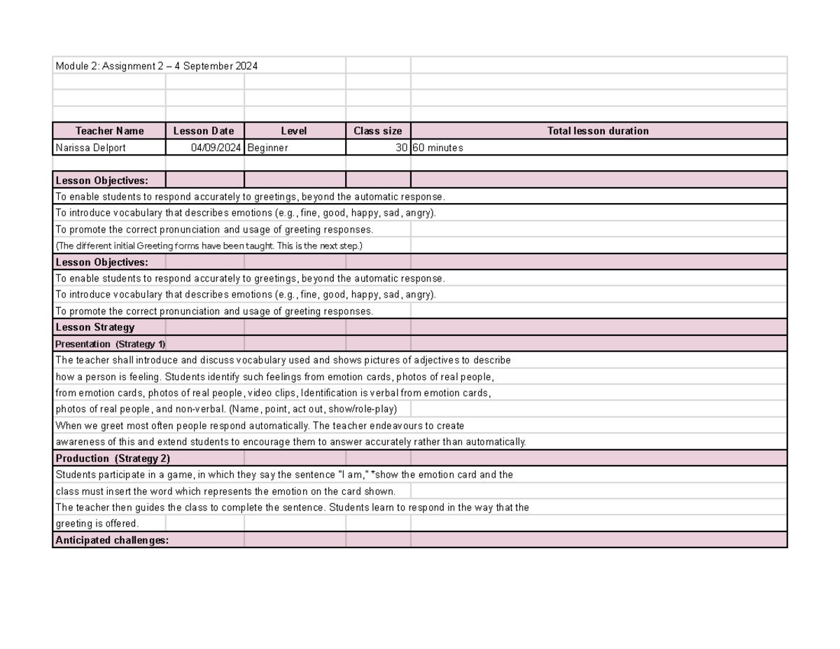 TEFL 101: Assignment 2 - Lesson Plan on Emotional Responses - Studocu