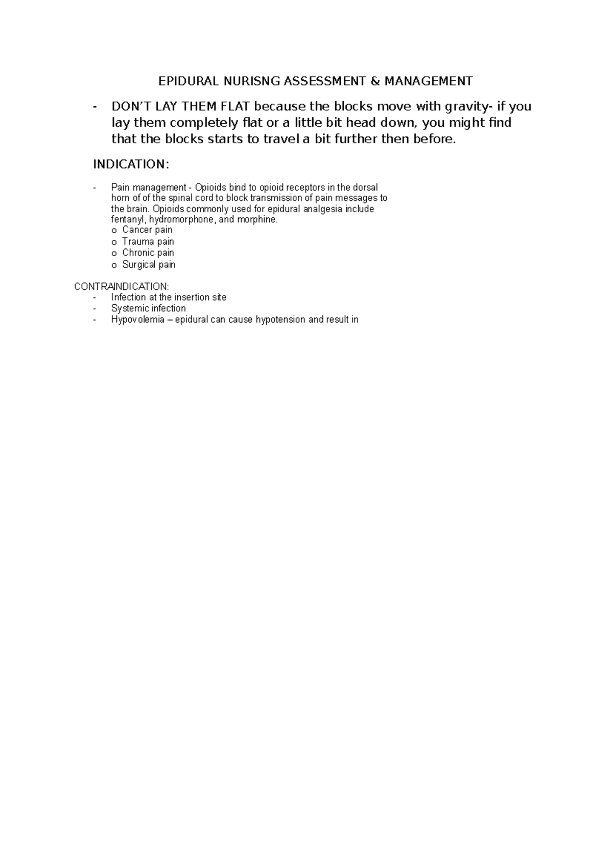 EPIDURAL NURSING ASSESSMENT & MANAGEMENT: PAIN CONTROL STRATEGIES - Studocu