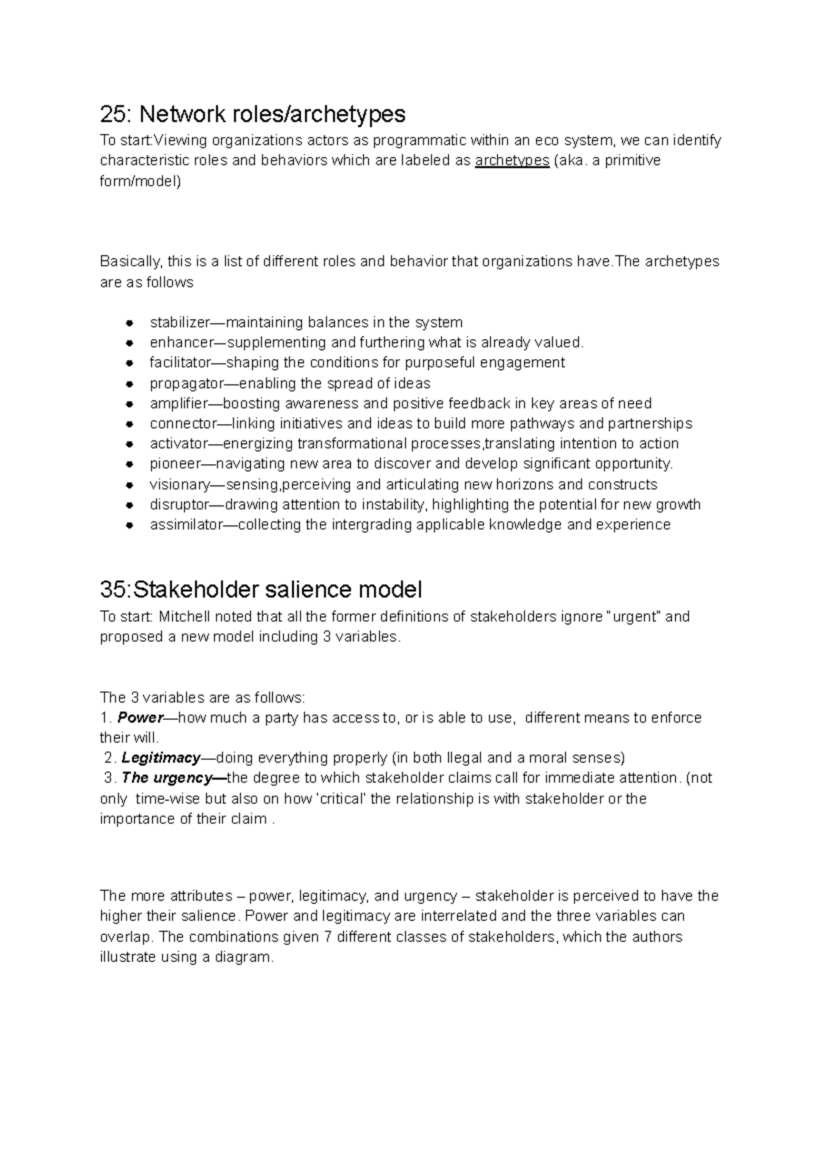 BB Notes PDF - Summary of Network Roles and Stakeholder Salience ...