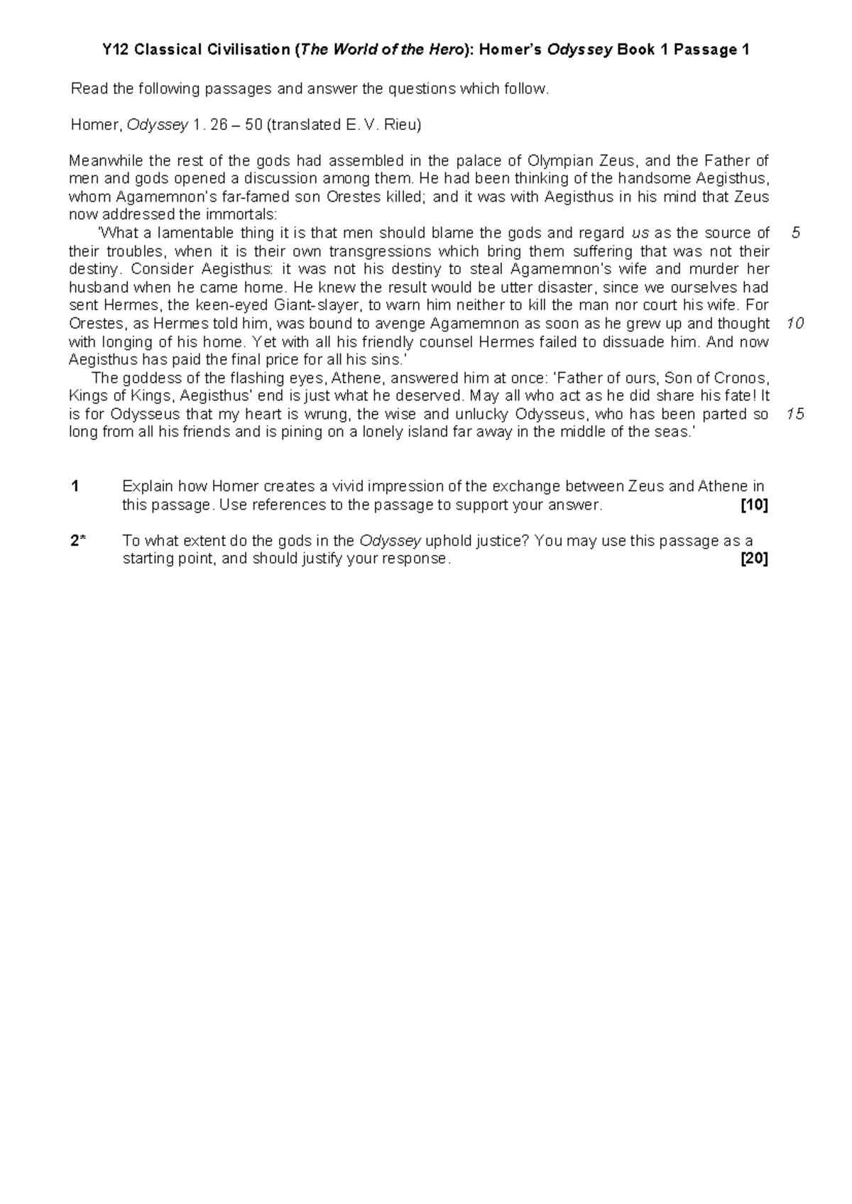 Odyssey comment questions 2018-2019 (MTW) - Read the following passages ...