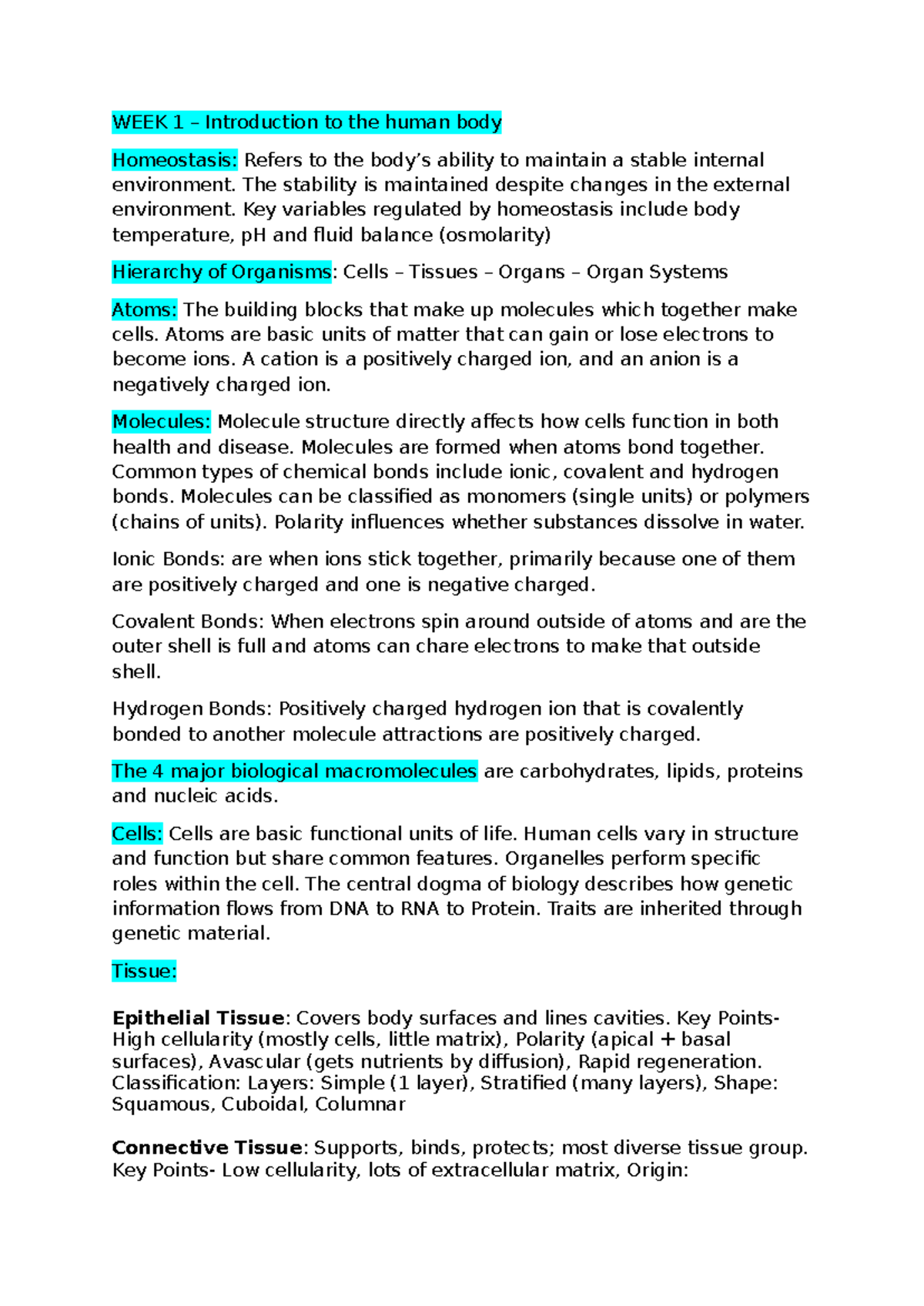BM EXAM Study Notes: Intro to Human Body & Homeostasis - Studocu