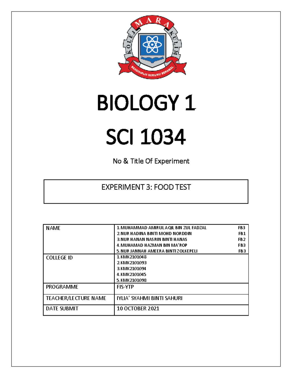 FOOD TEST LAB REPORT (CARBOHYDRATE,PROTEINS,LIPIDS AND VITAMIN C ...