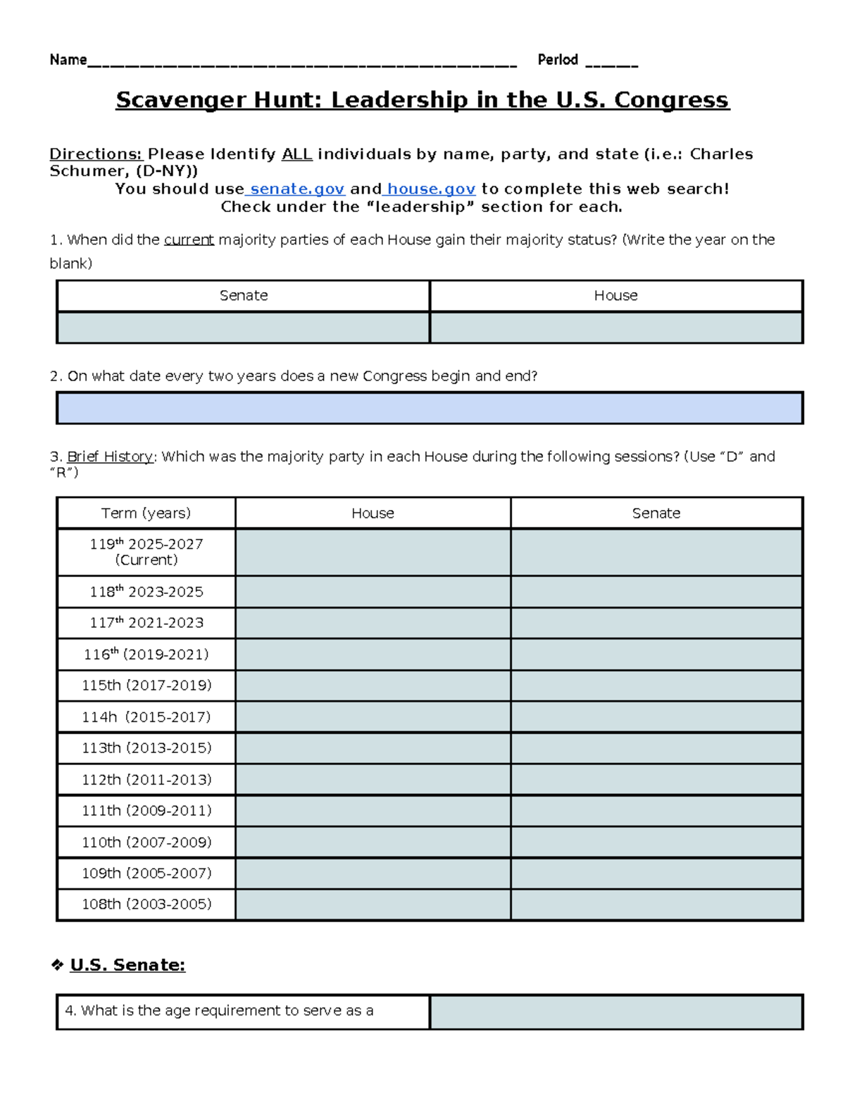 Scavenger Hunt: U.S. Congress Leadership Overview (Gov 101) - Studocu