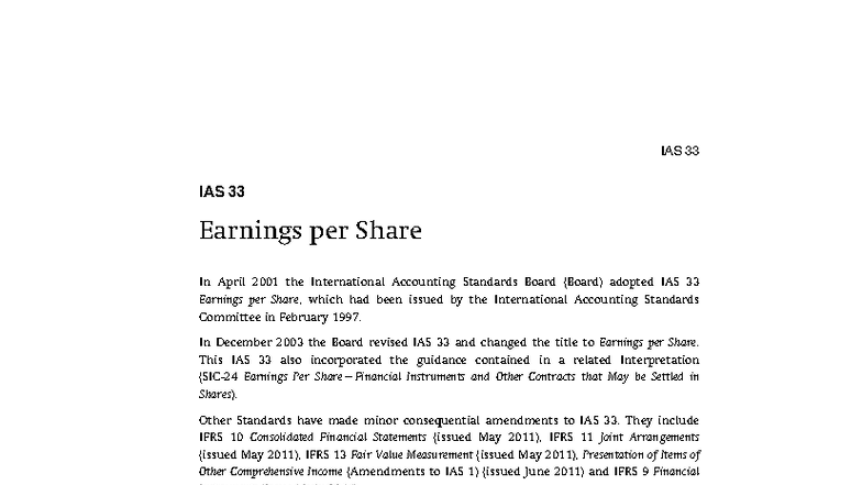 IAS 33 - Earnings Per Share: Comprehensive Overview and Guidance - Studocu