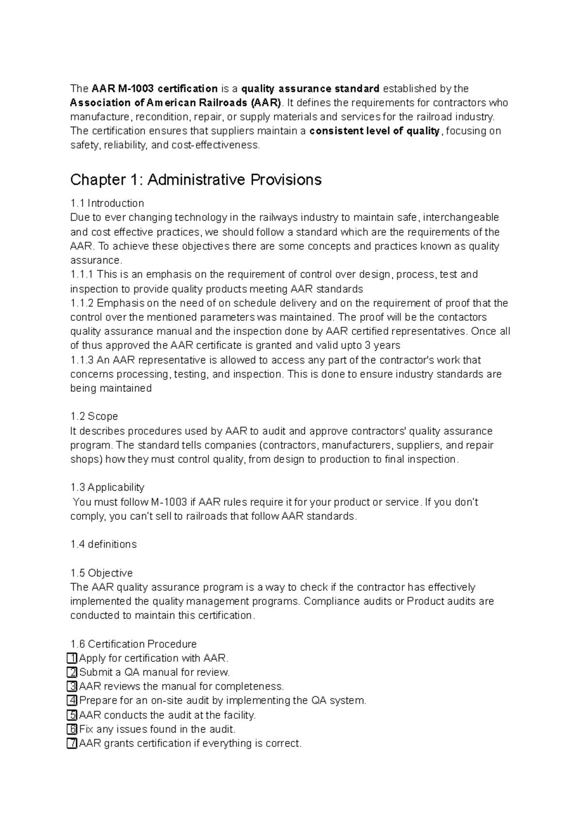 AAR Quality Assurance Certification: Standards and Procedures Overview ...
