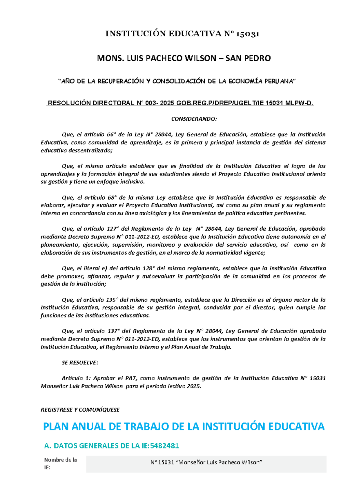 PAT Actualizado 2025 - IE 15031 Mons. Luis Pacheco Wilson - Studocu