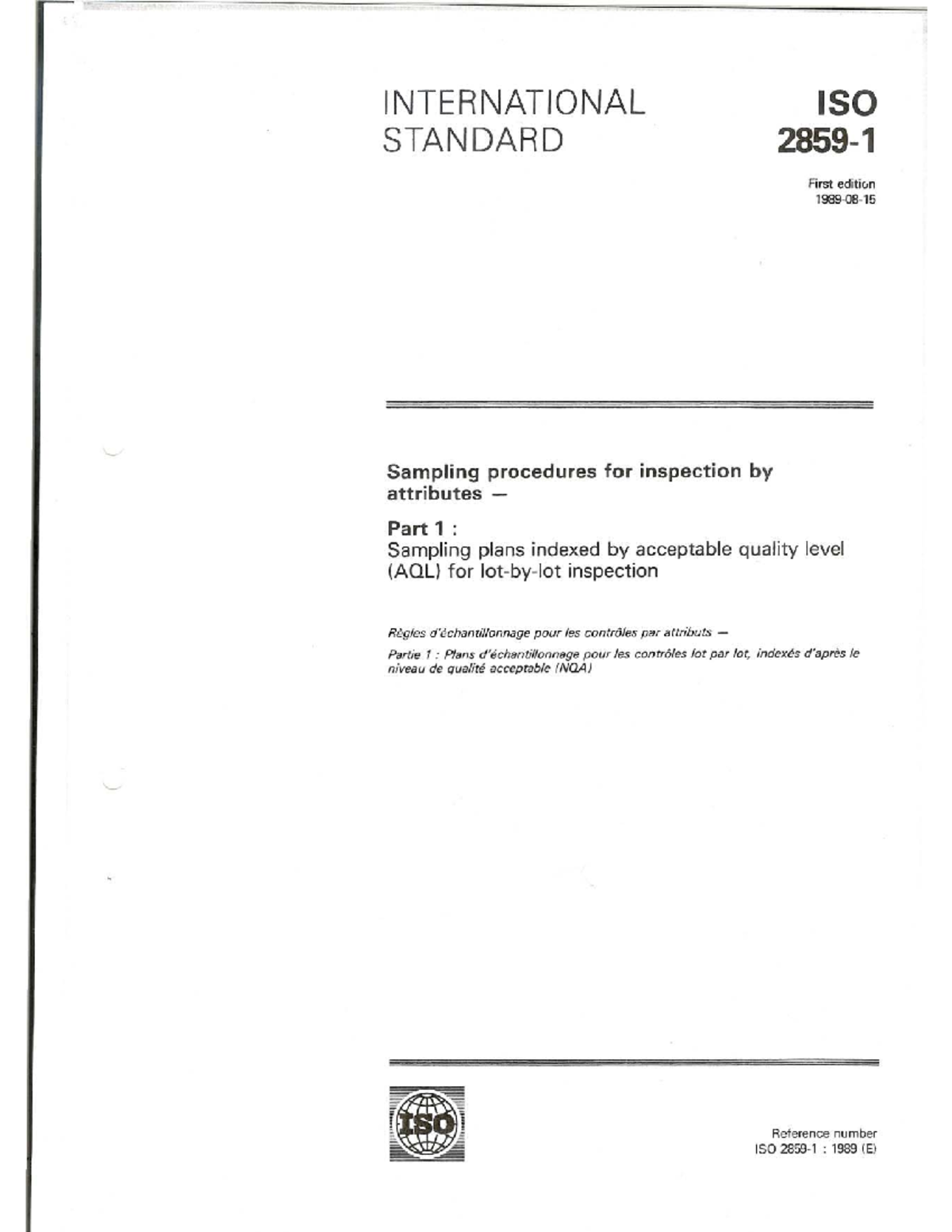 ISO 2859-1 Sampling Plans for Acceptable Quality Level (AQL) - Studocu