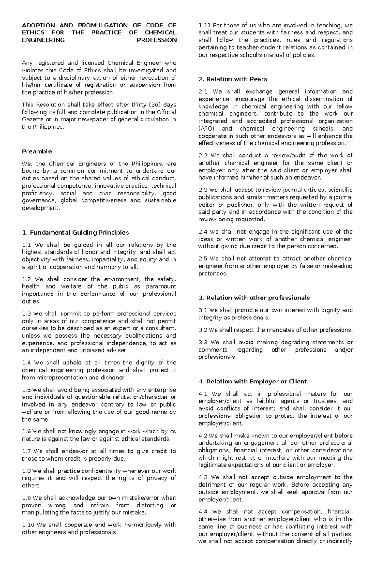 Adoption of Code of Ethics for Chemical Engineering Practice (CHE 101 ...