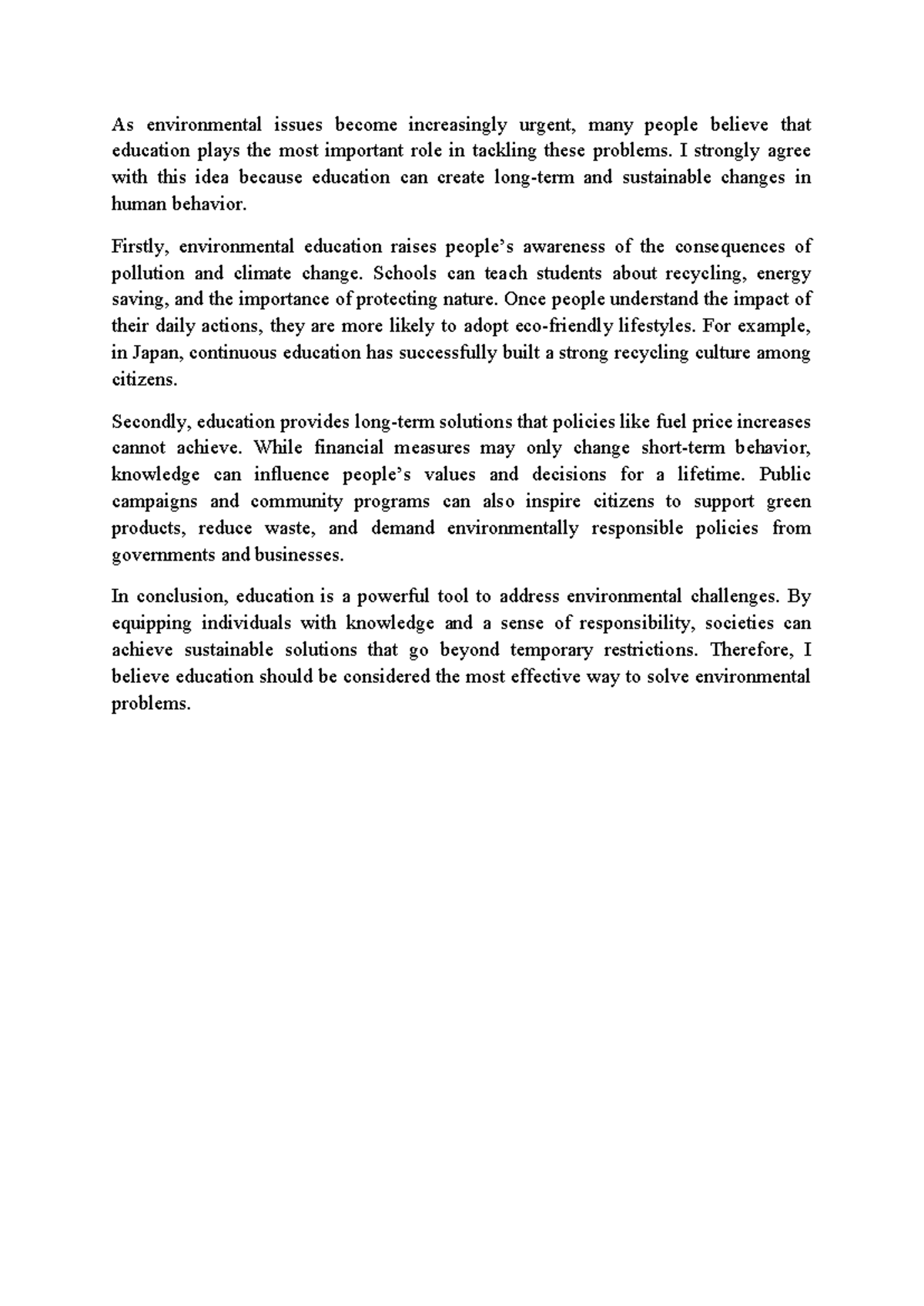EDU 101: Writing Task 2 - The Role of Education in Environmental ...