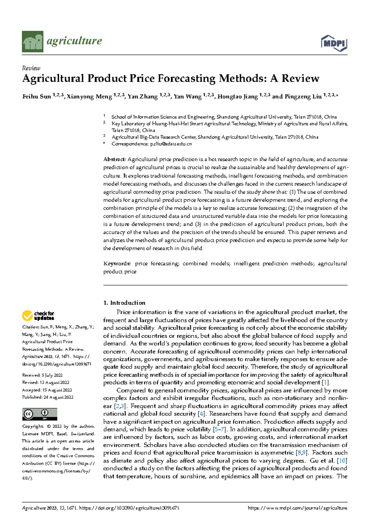Agricultural Product Price Forecasting Methods: A Comprehensive Review ...