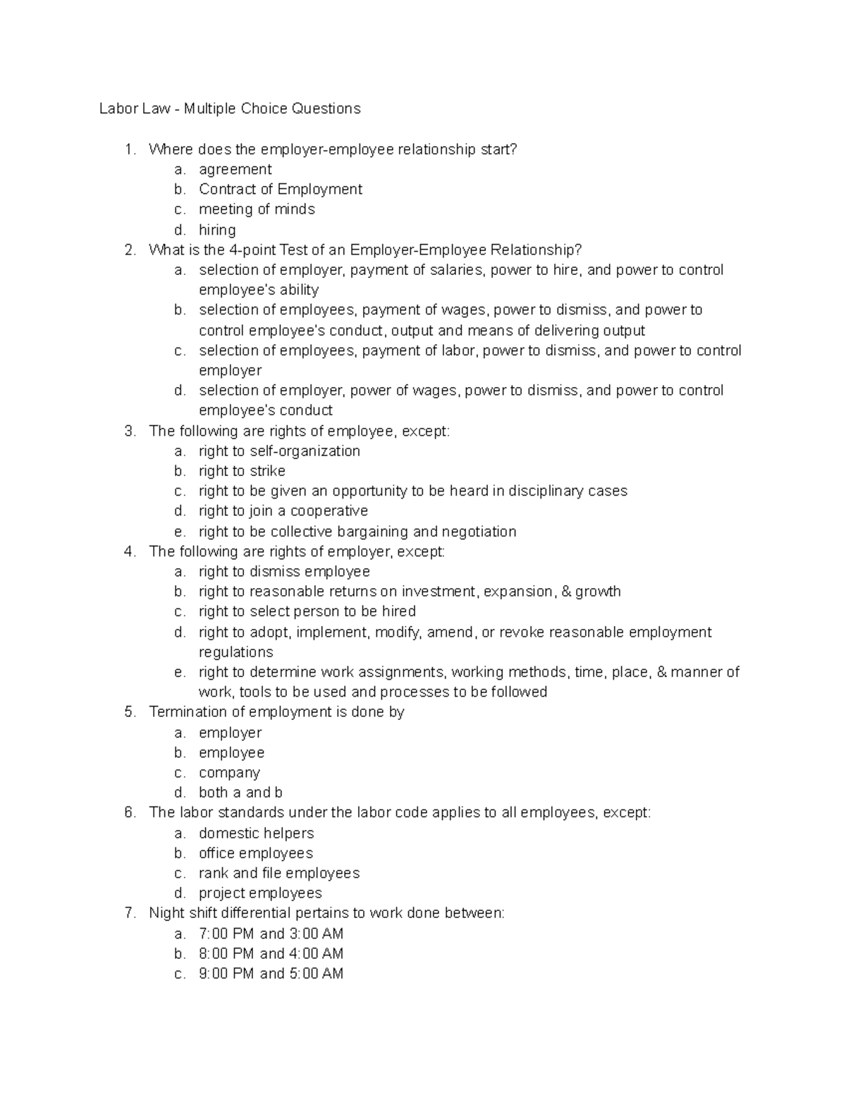 Labor Law - Multiple Choice Questions - agreement b. Contract of ...