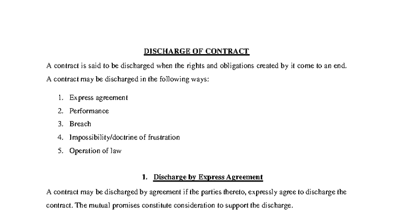 Discharge of Contracts: Key Concepts and Legal Principles - Studocu