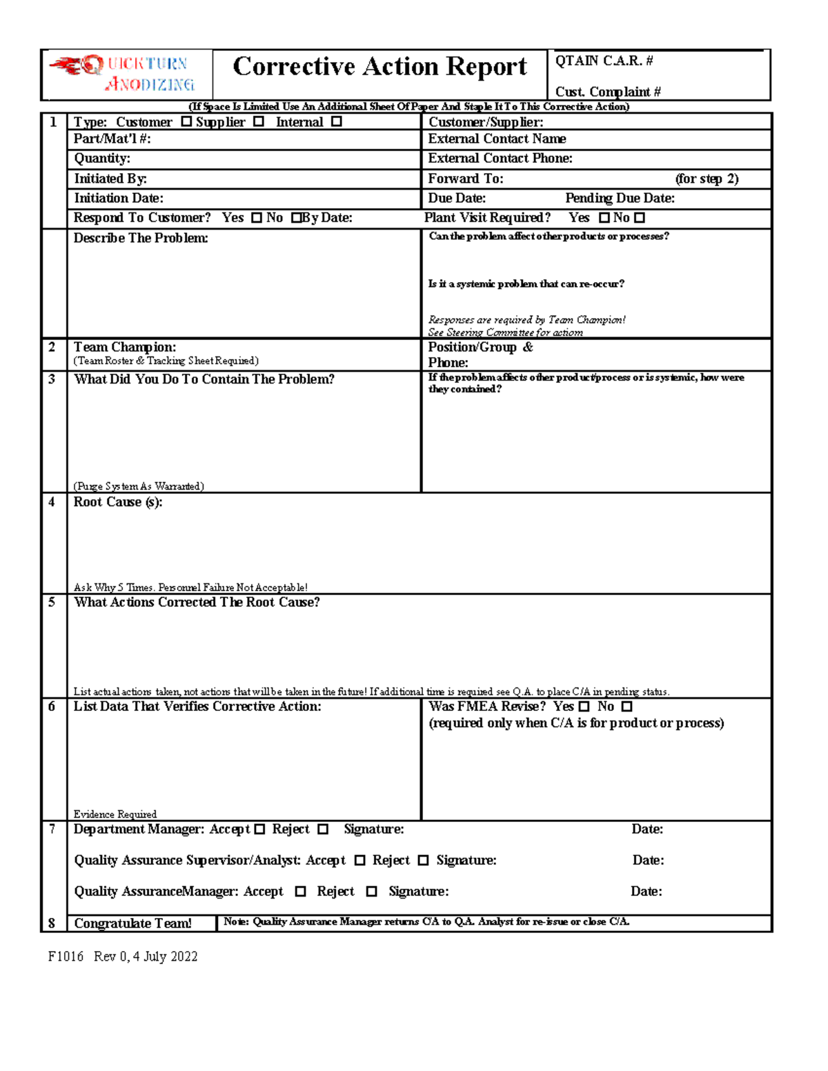 QTA F1016 - Corrective Action Report for Customer Complaints - Studocu