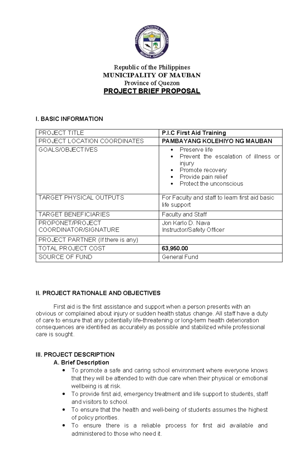 NSTP First AID Proposal Fculty and Stuff - Republic of the Philippines ...