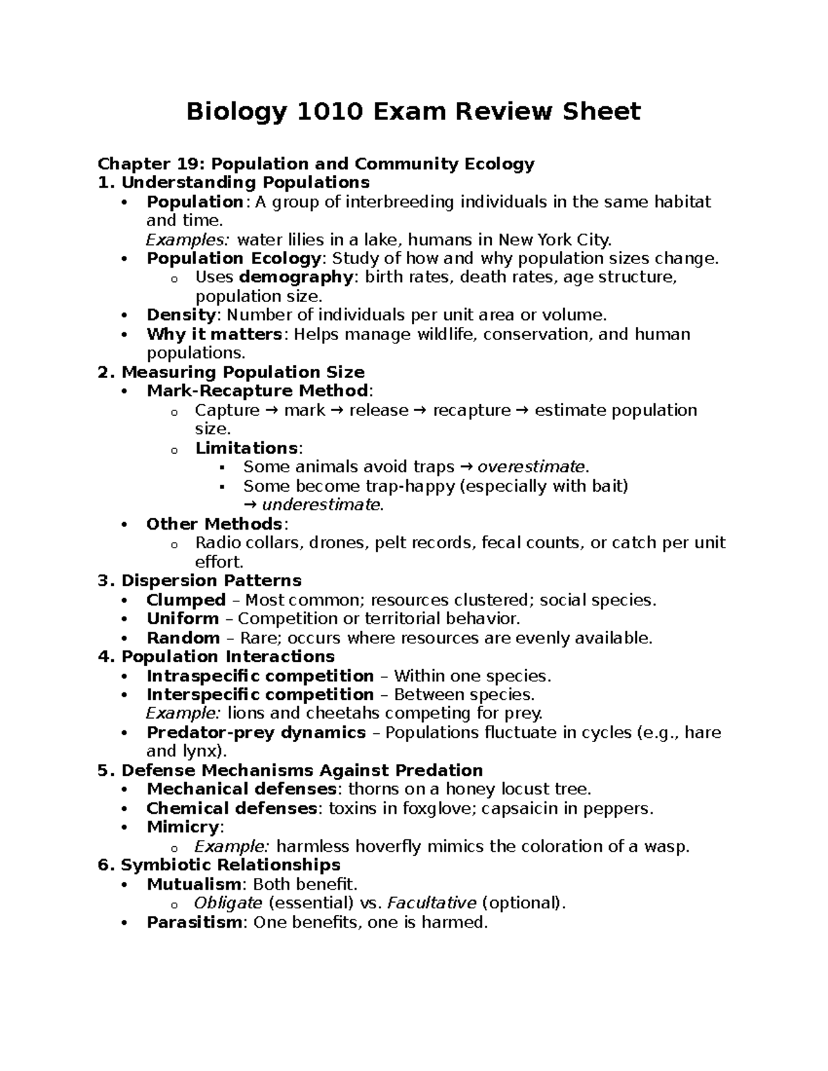 Biology 1010: Exam Review for Populations, Ecosystems & Biodiversity ...