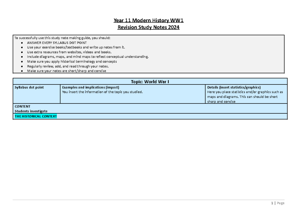 Year 11 Modern History: WW1 Revision Study Notes 2024 - Studocu