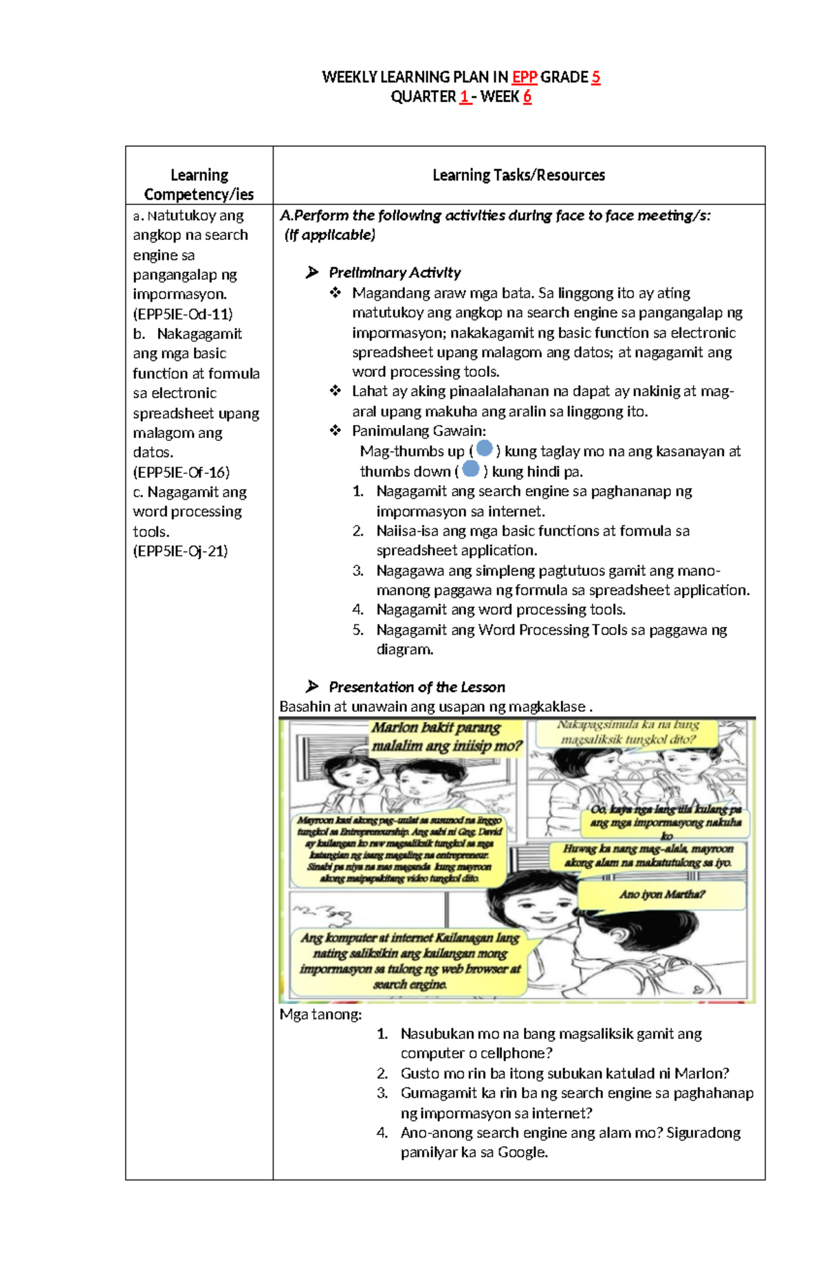 WLP EPP 5 Q1 Week 8 - Learning Tasks and Activities Overview - Studocu