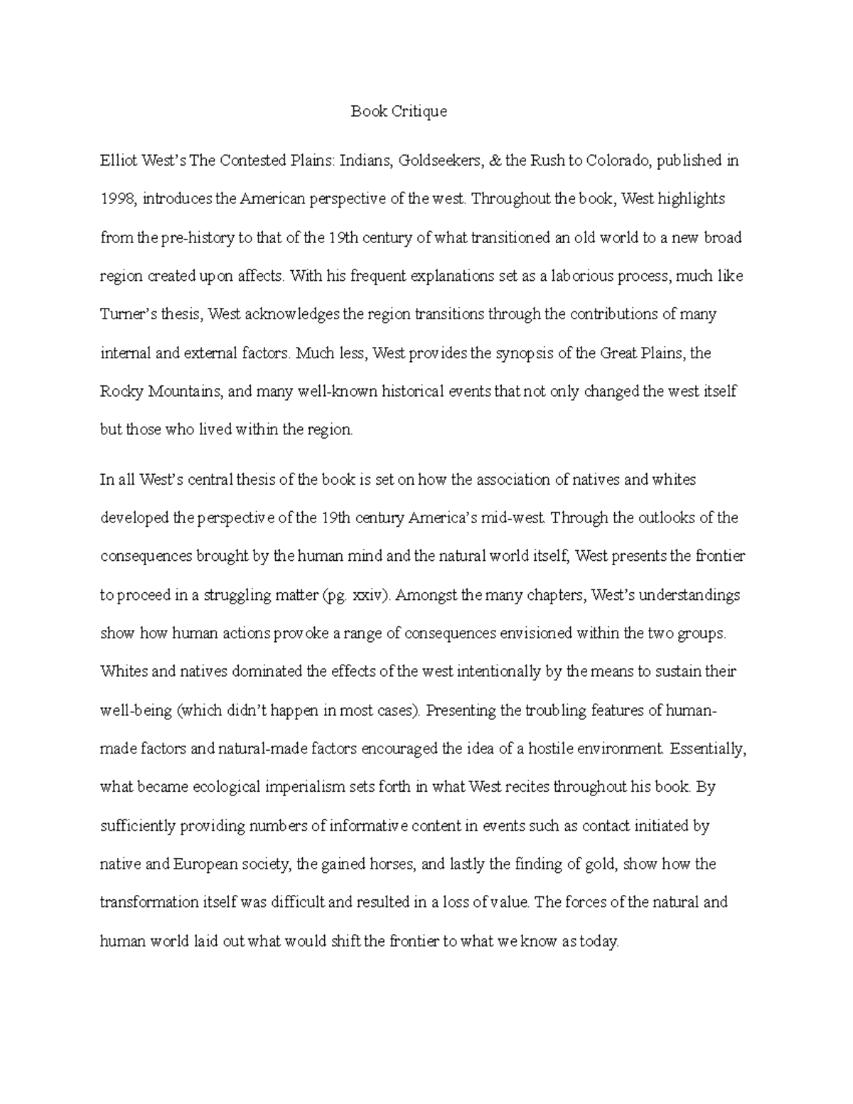Book Critique of Elliot West's **The Contested Plains**: Insights on ...