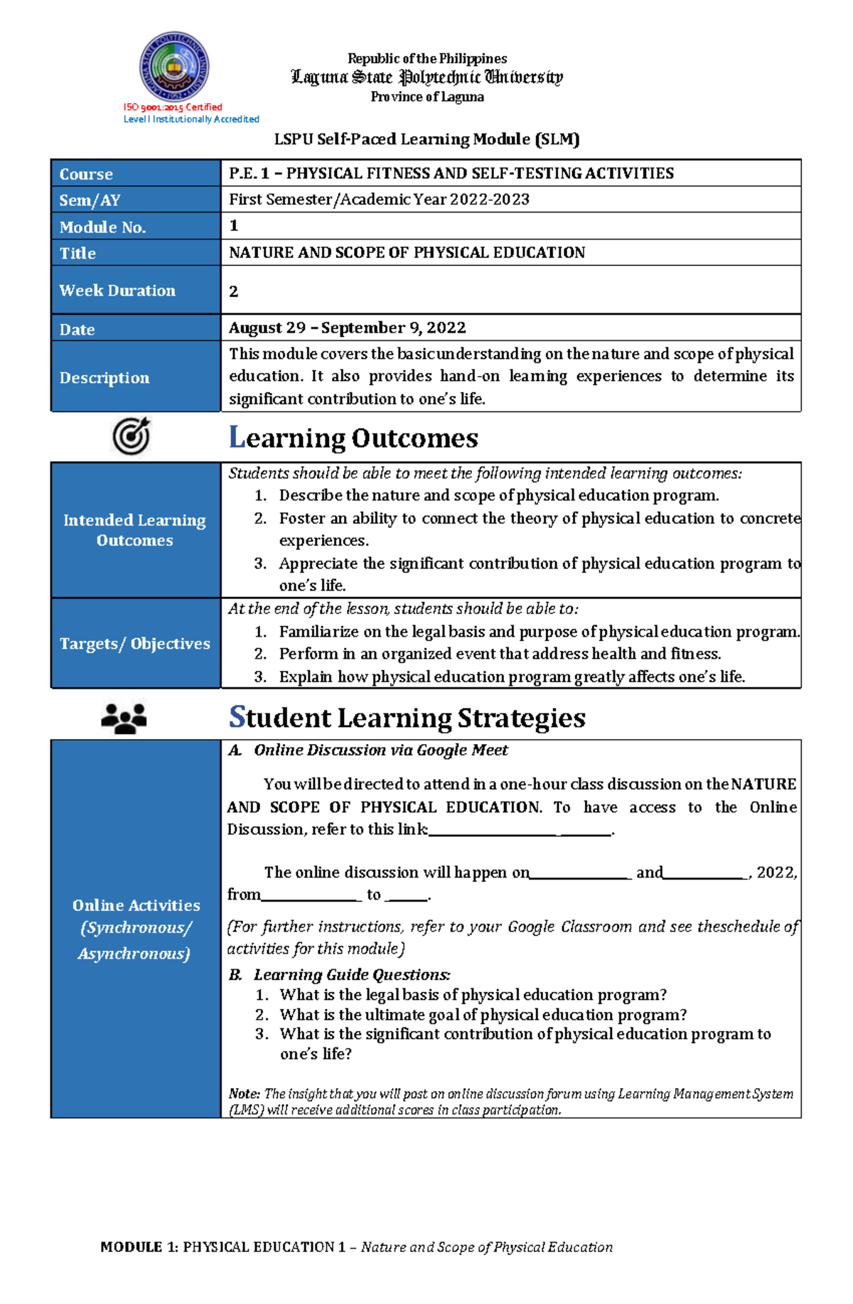 PE1 Module 1: Understanding the Nature & Scope of Physical Education ...