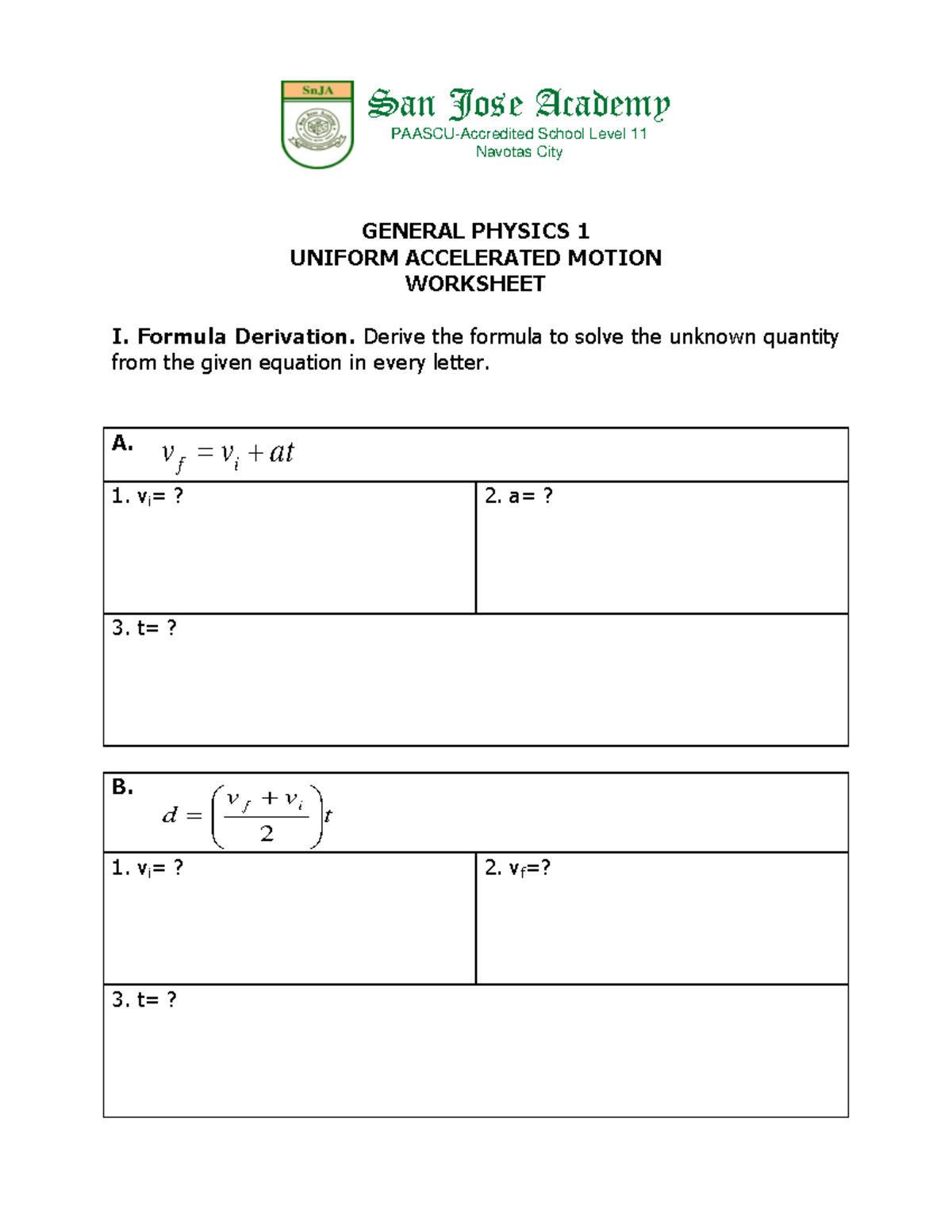General physics 1 worksheet on uniform accelerated motion - Studocu