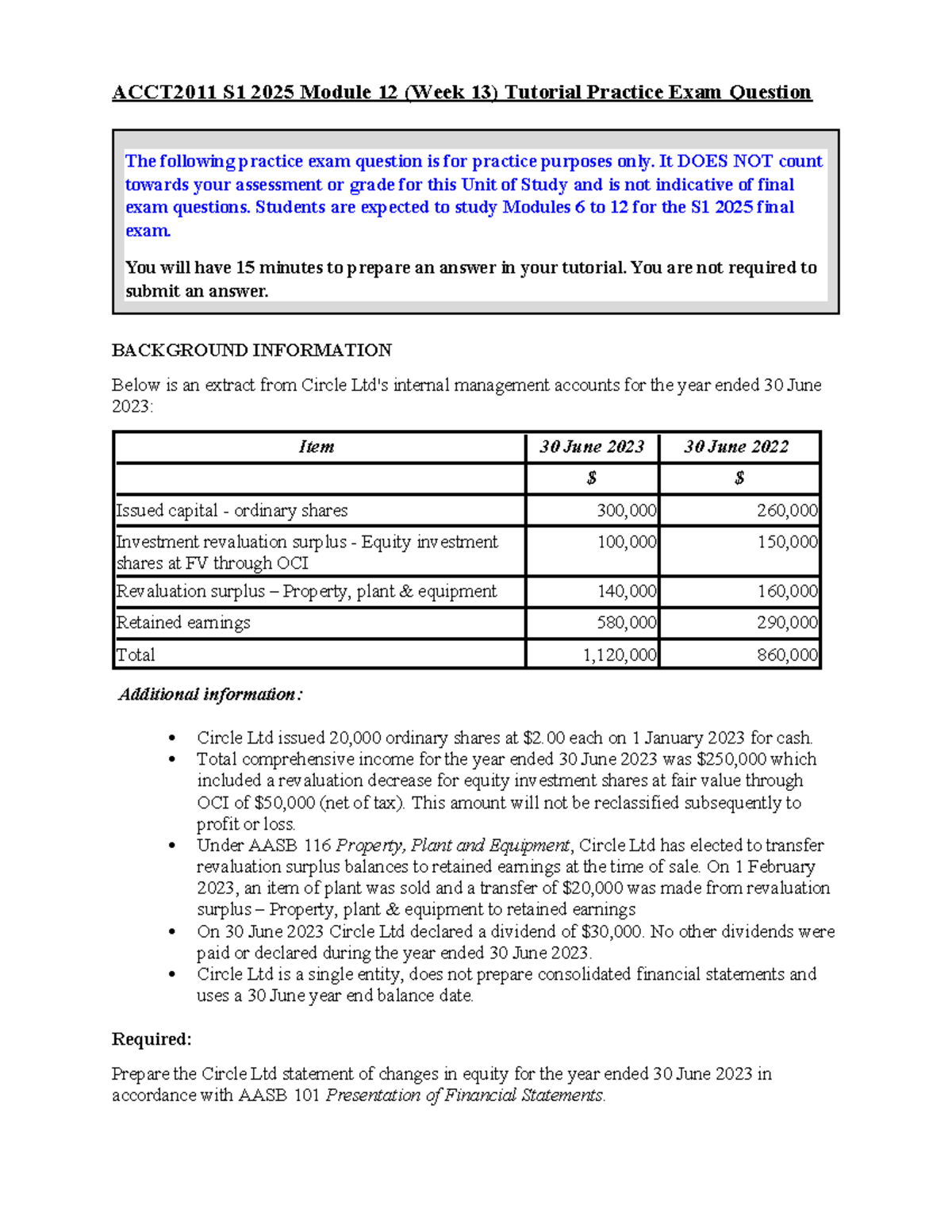 ACCT2011 S1 2025 Module 12 Tutorial Practice Exam Questions - Studocu