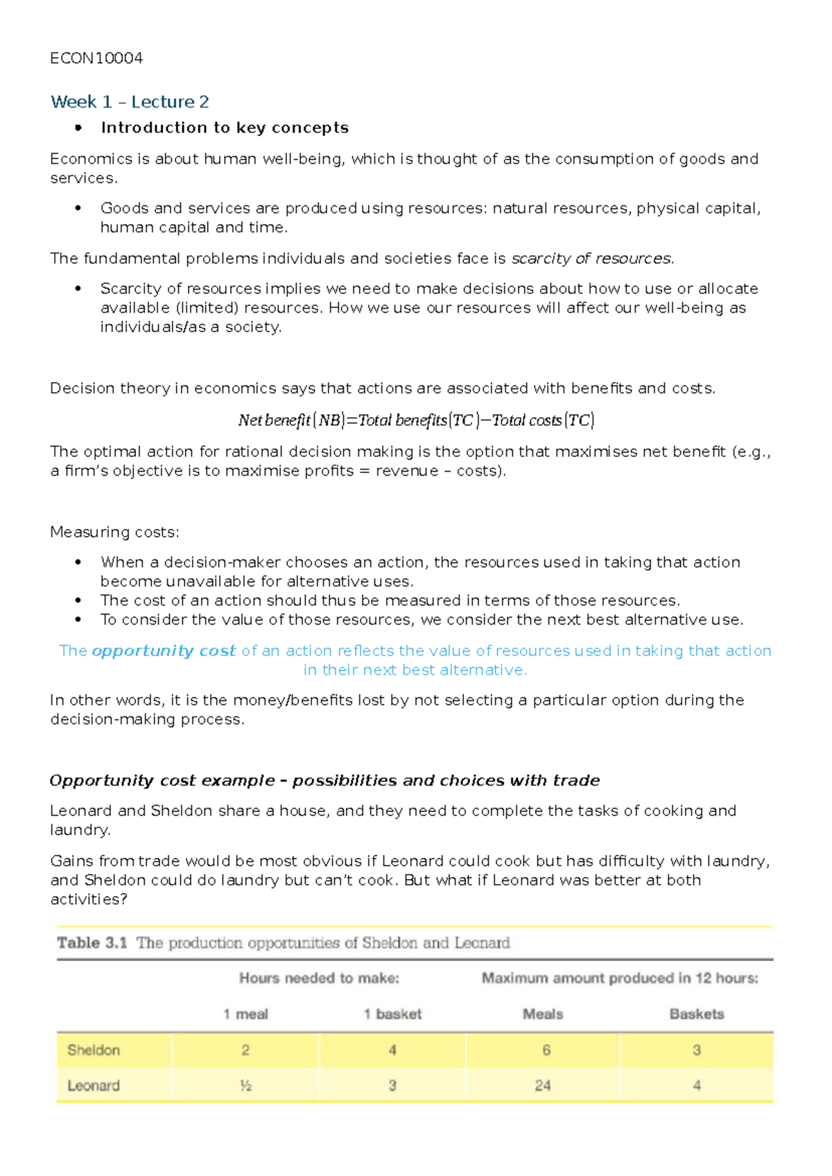 ECON10004 Week 1-3 Lecture Notes: Key Concepts in Economics - Studocu