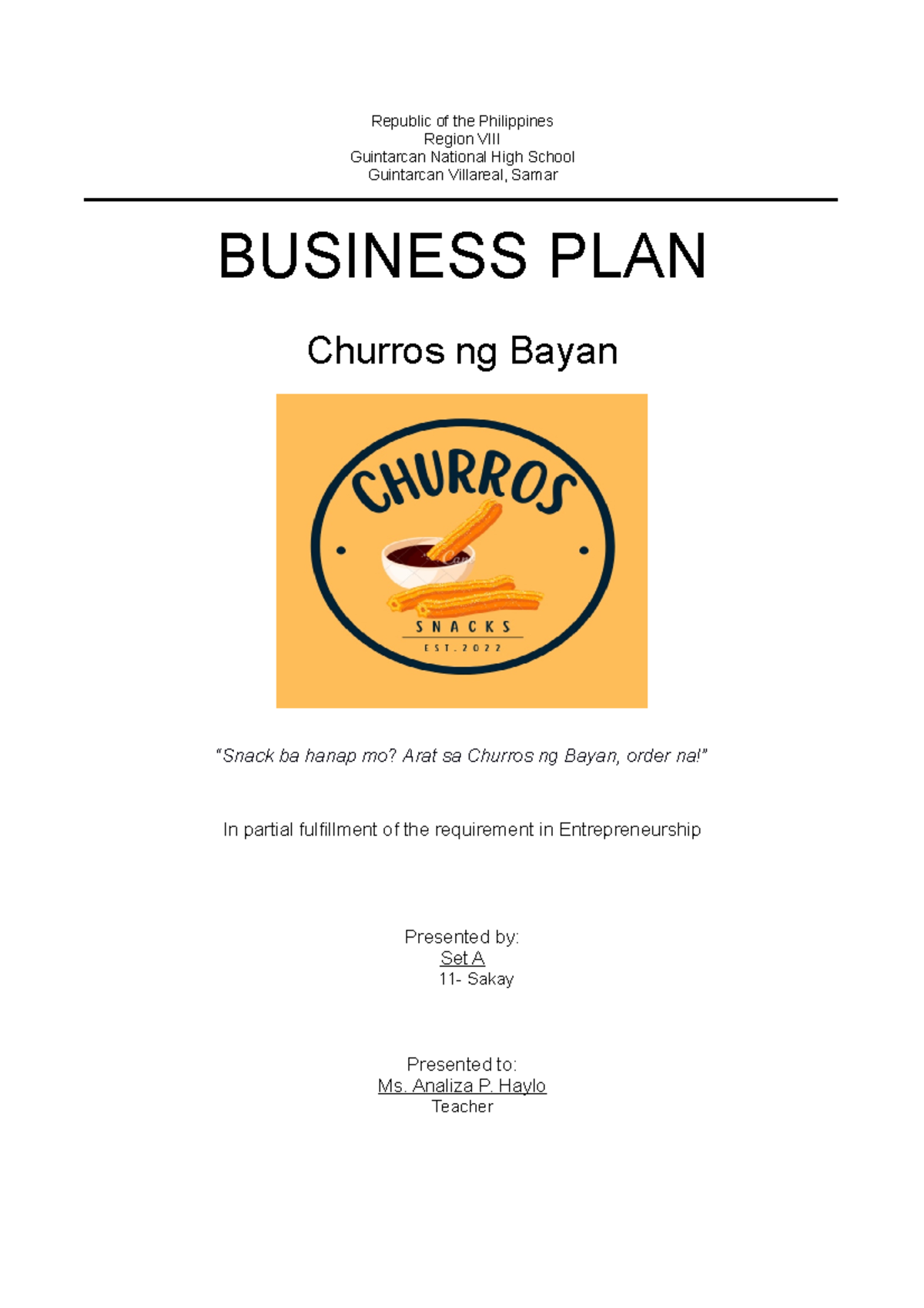 Business Plan for Churros ng Bayan (ENTREPRENEURSHIP) - Studocu