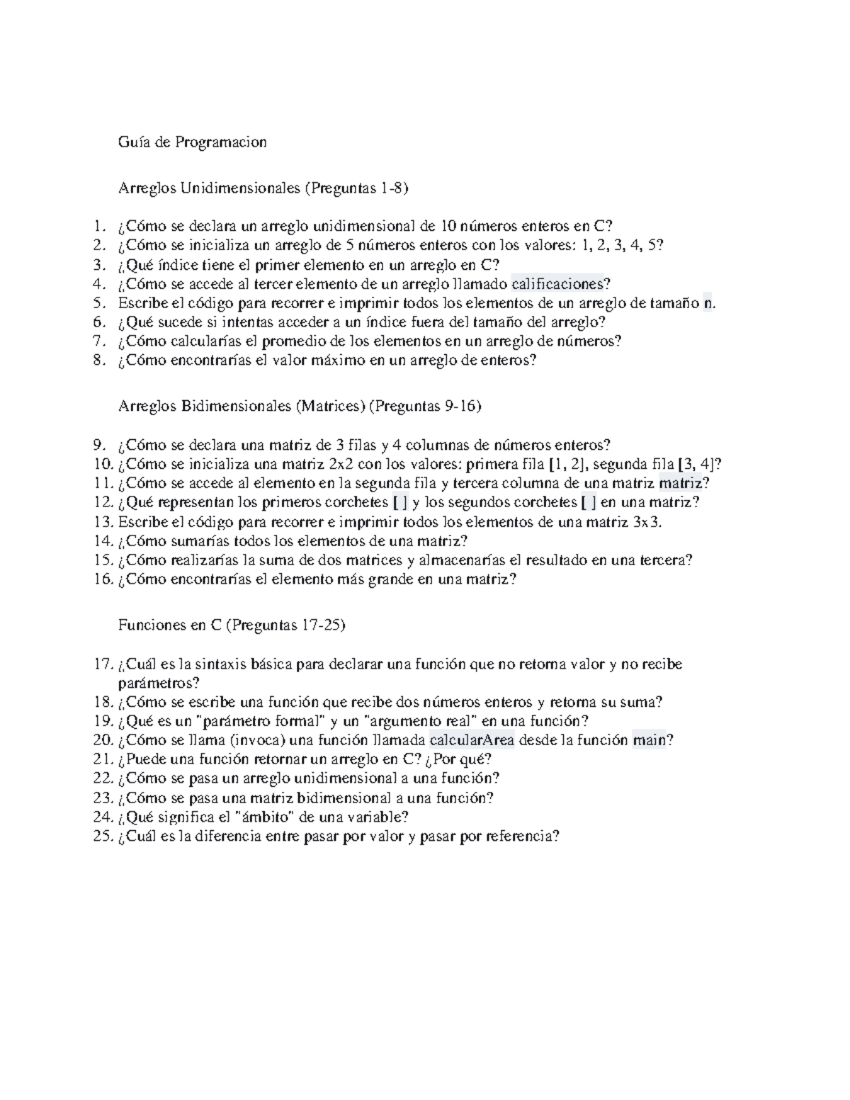 Guía de Programación: Arreglos Unidimensionales y Funciones en C - Studocu
