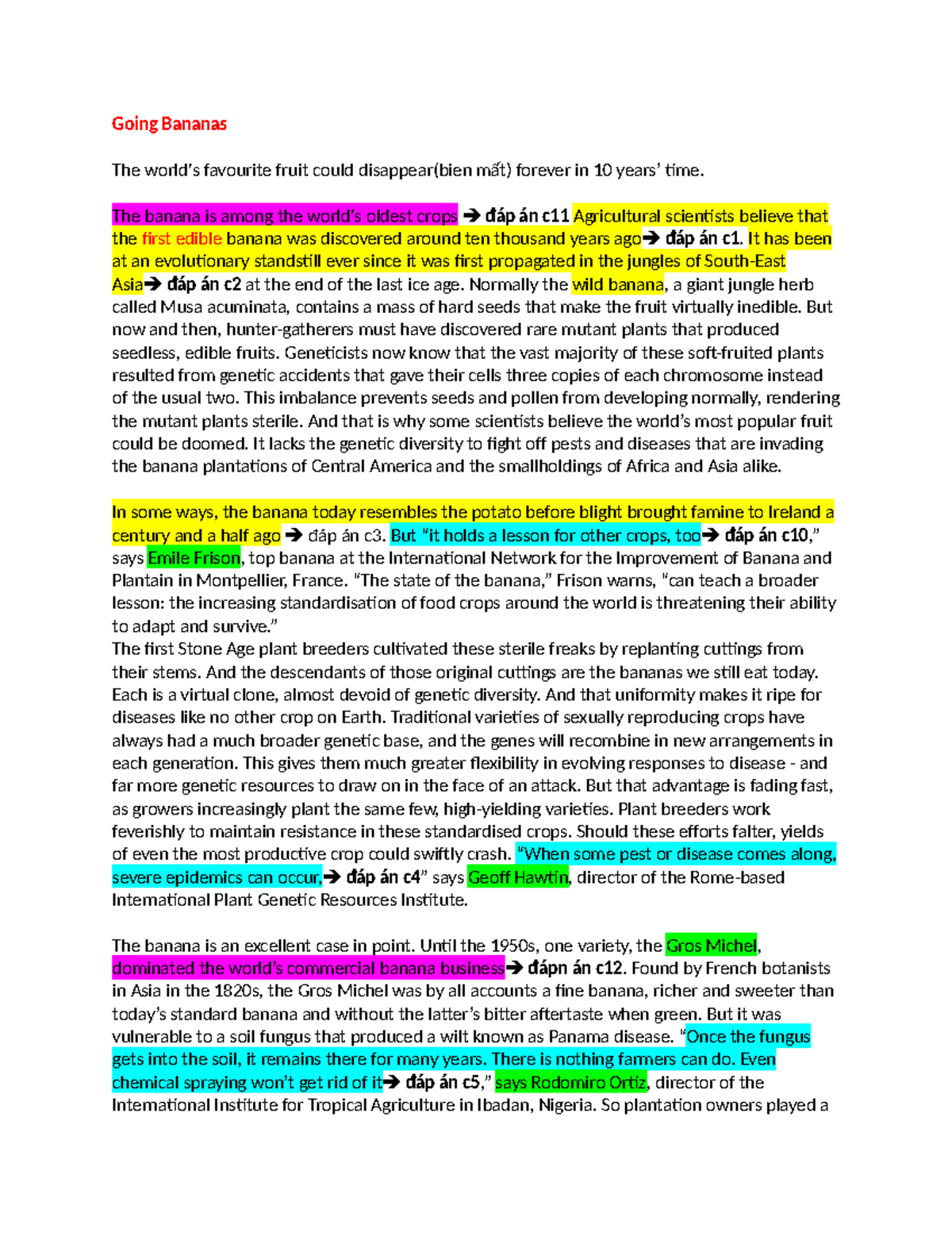 Going Bananas - Insights from Reading Passage 17 Analysis - Studocu