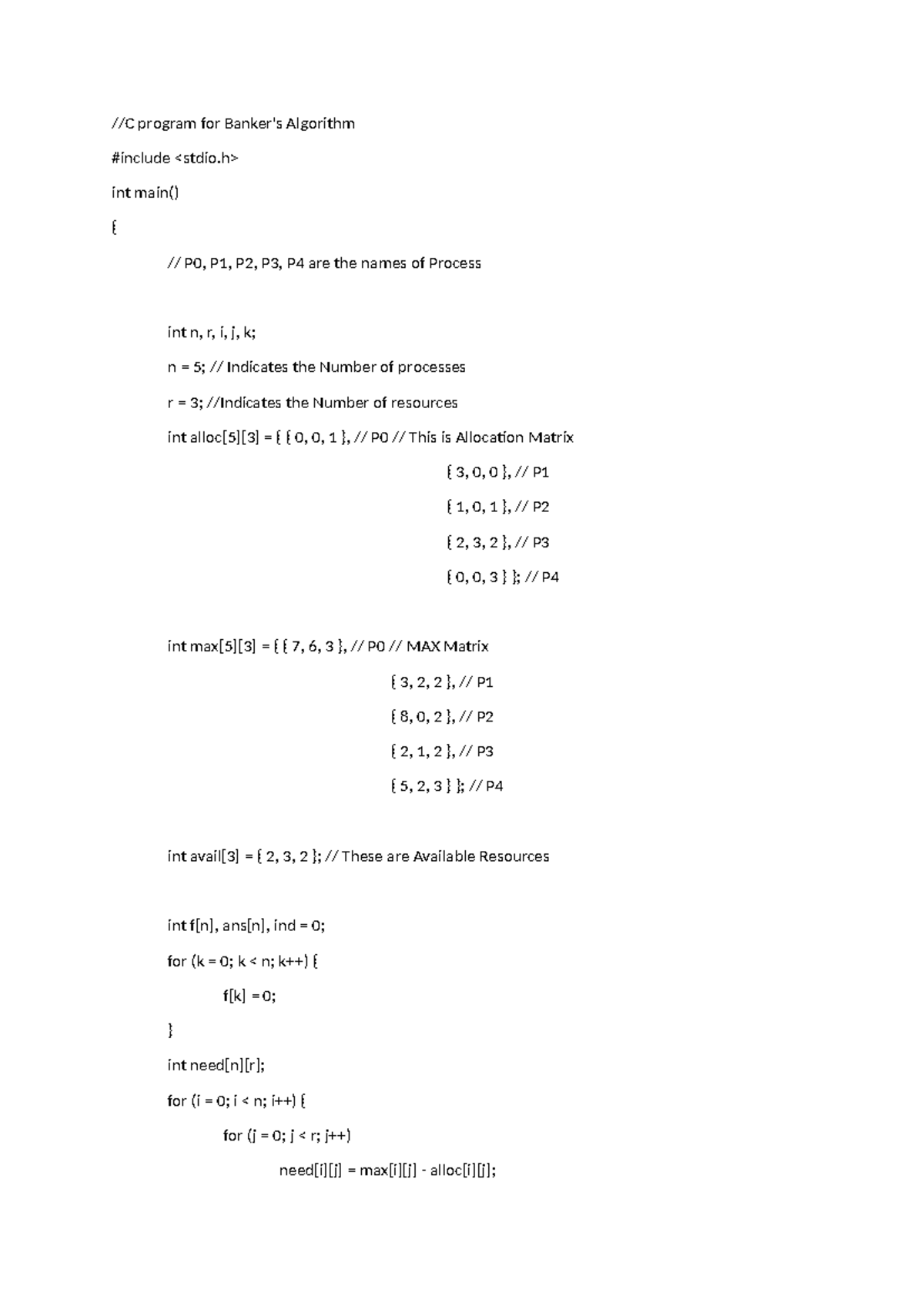 Banker's Algorithm Implementation in C: Process Management P0-P4 - Studocu