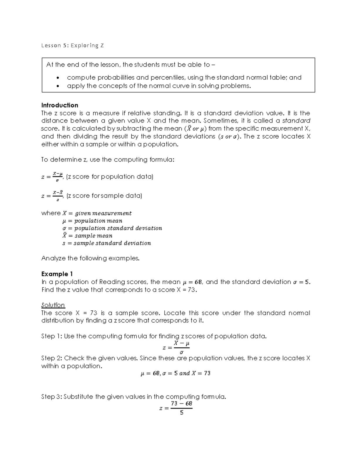 Lesson 5, Activity 5, Assessment 5 - Lesson 5: Exploring Z Introduction ...
